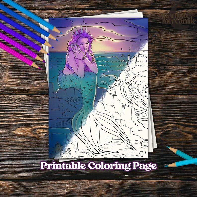 Mermaid Sea Witch Printable Coloring Book Page Magical Ocean - Etsy