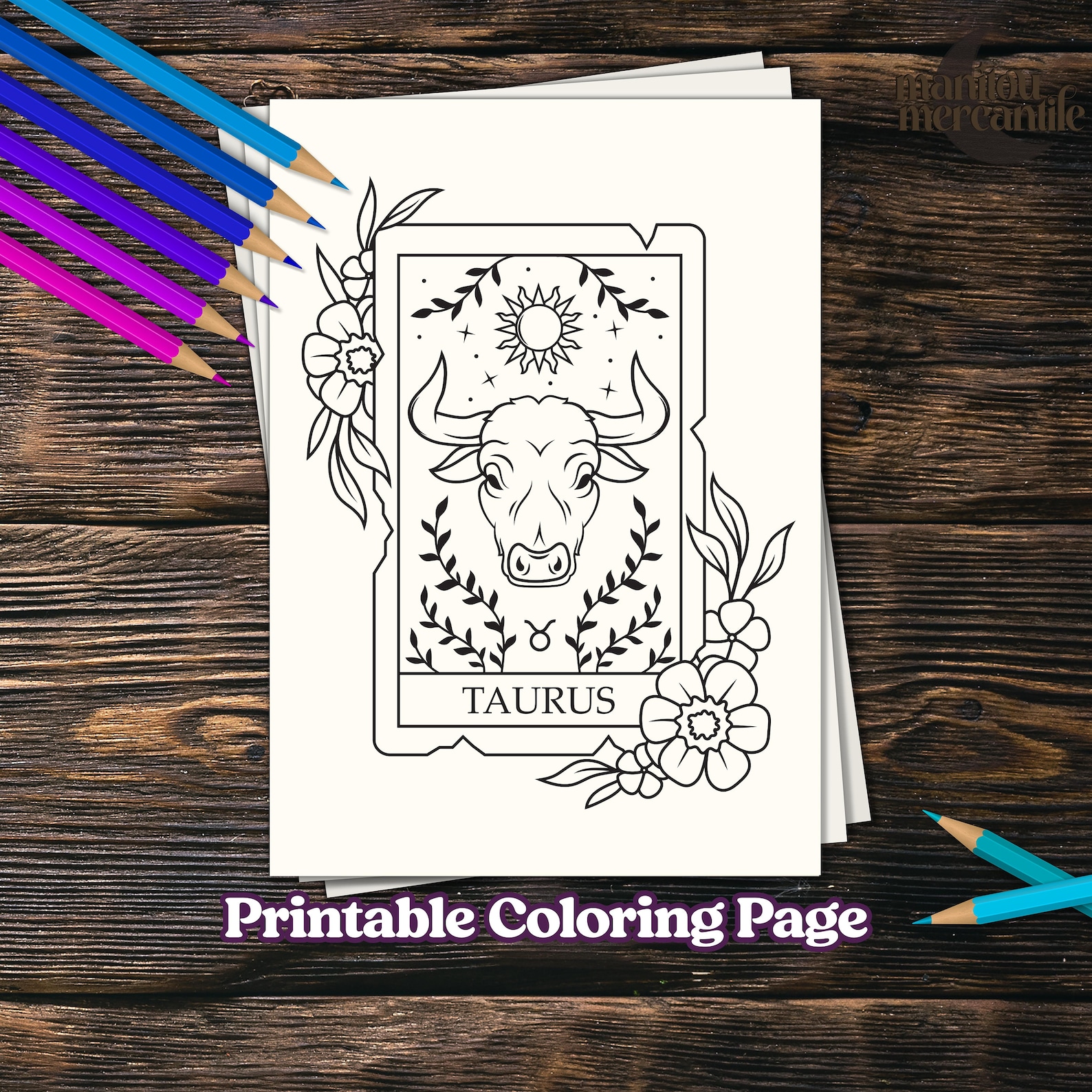 Taurus Zodiac Astrology Printable Coloring Book Page | Sign of the Bull ...