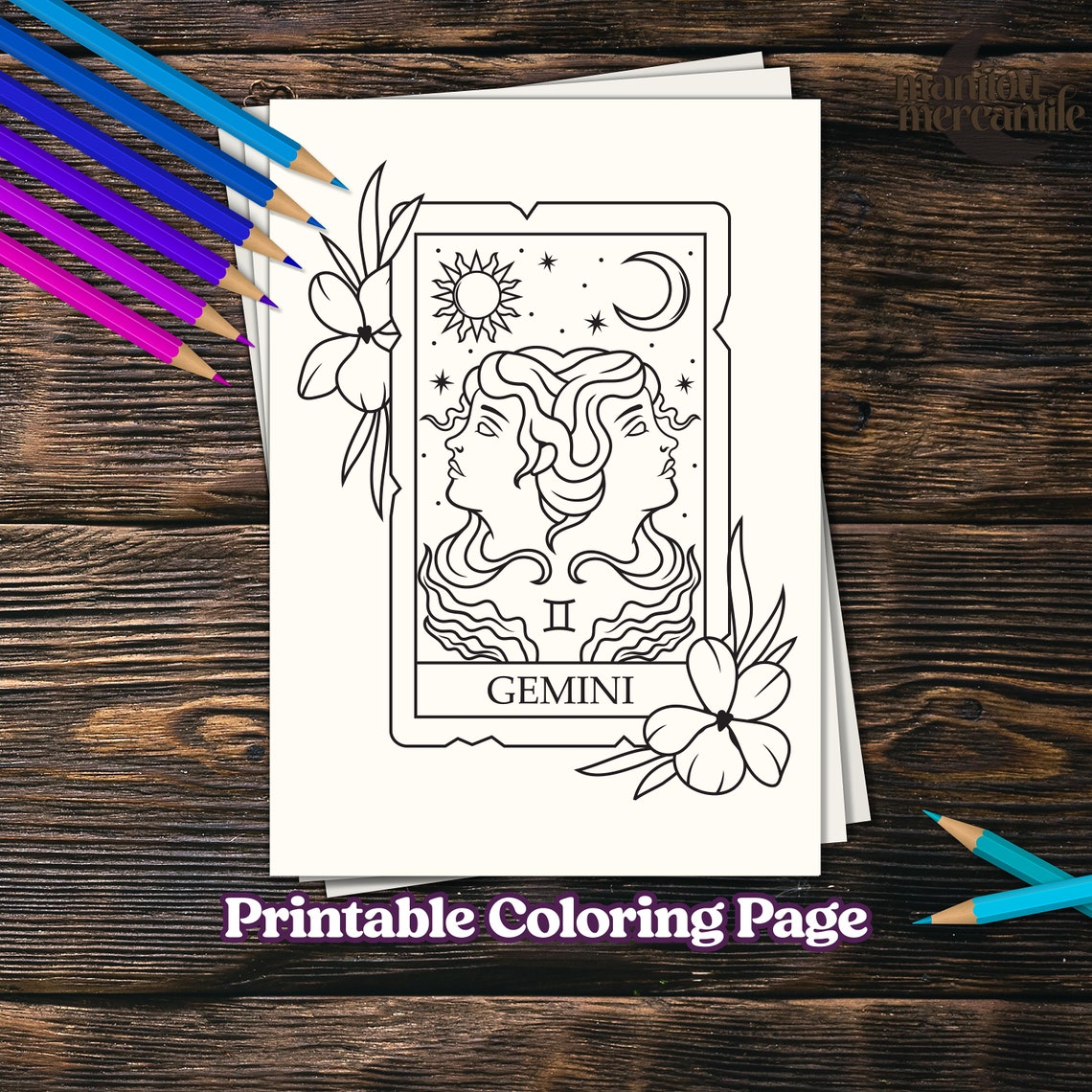 Gemini Zodiac Astrology Printable Coloring Book Page the - Etsy