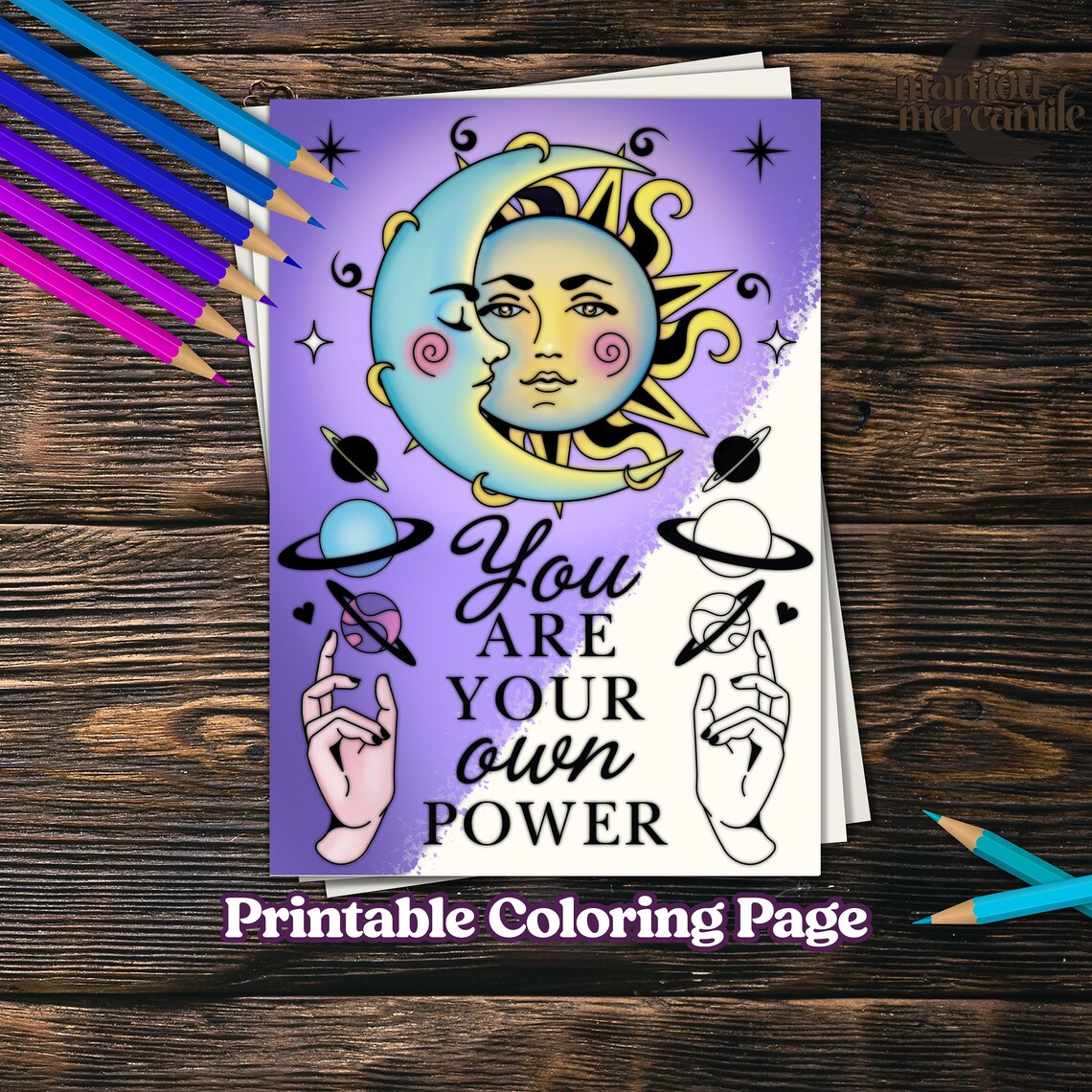 You Are Your Own Power Printable Coloring Book Page Sun, Moon, Stars ...