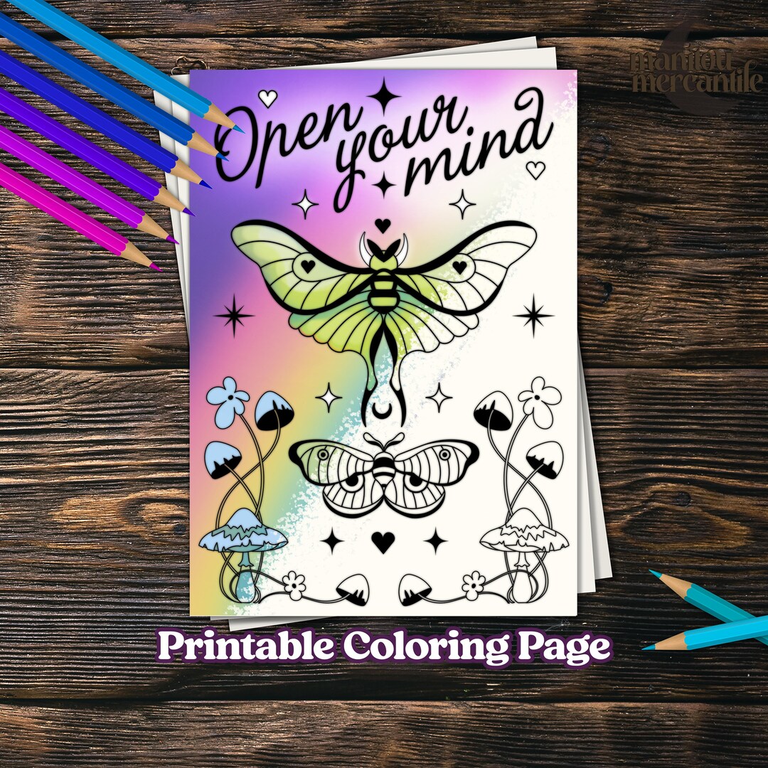 Open Your Mind Printable Coloring Book Page | Cottagecore, Luna Moth ...
