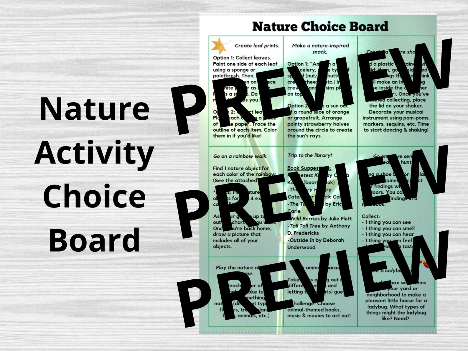 Nature Activities Choice Board Chart Kids Arts and Crafts - Etsy