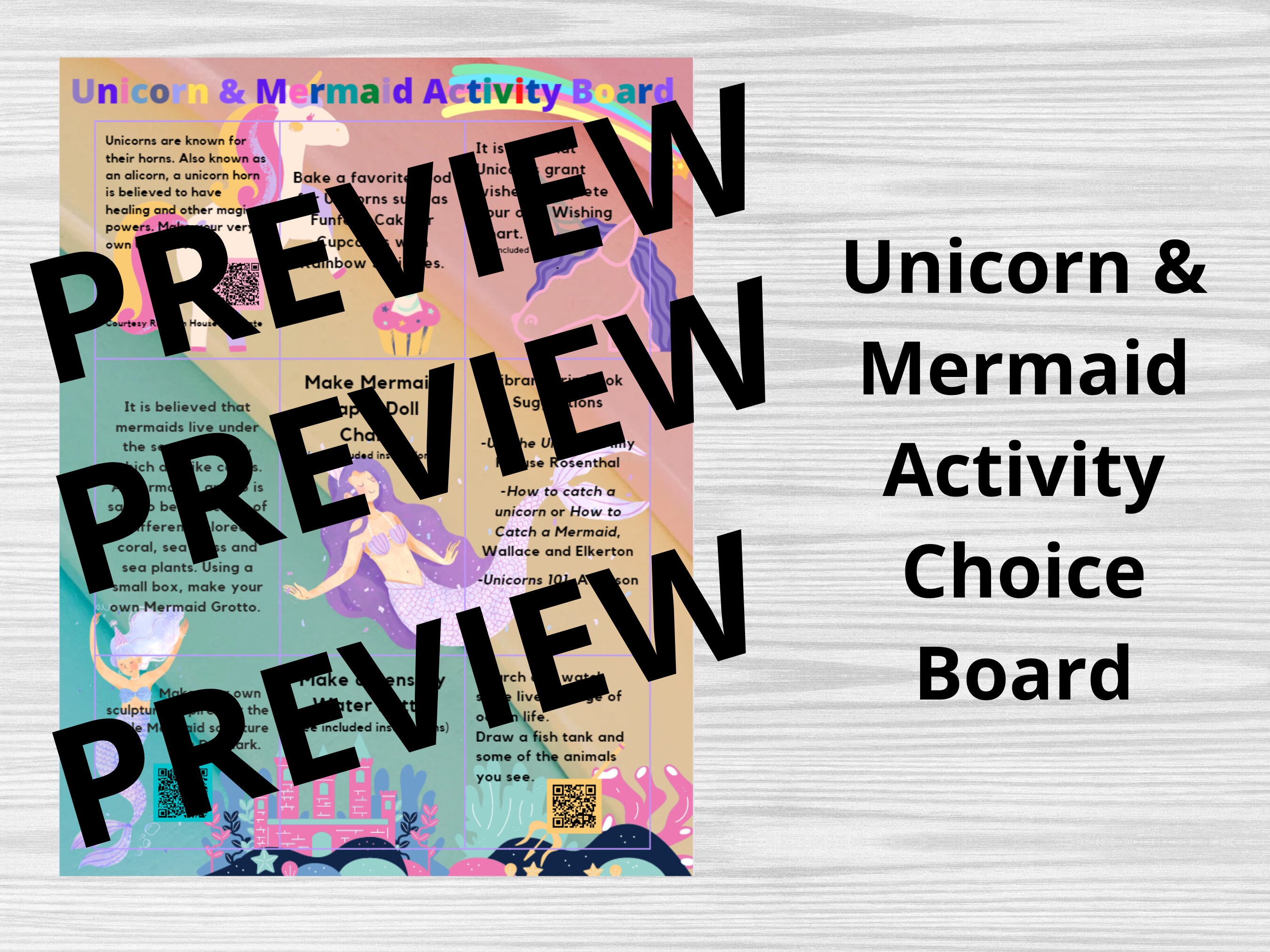 Unicorn Mermaid Activities, Choice Board Chart, Kids Arts and Crafts ...