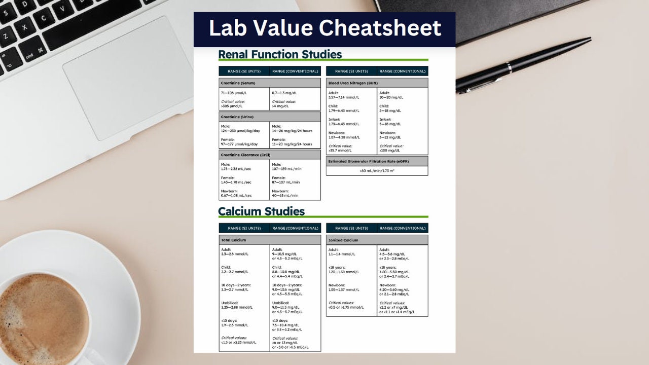 The Complete NCLEX Lab Value Study Cheat Sheets 9 Pages All Labs NGN RN ...