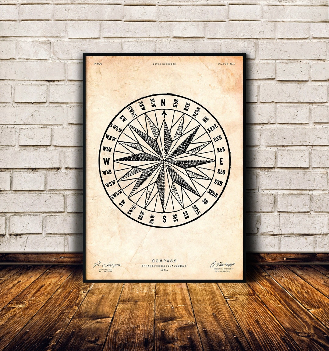 Nautical Compass Wall Art, Navy Art Print, Marine Art, Beach House ...