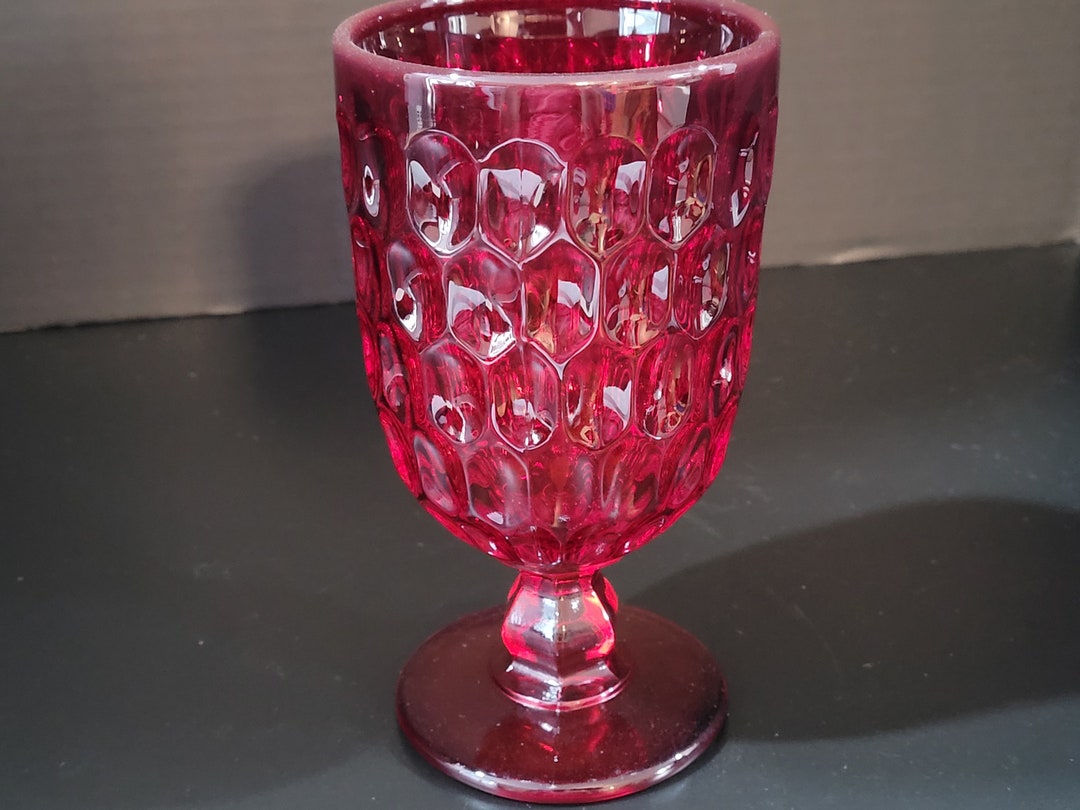 Fenton Footed Thumbprint Ruby Red Goblet With Yellow Edging - Etsy