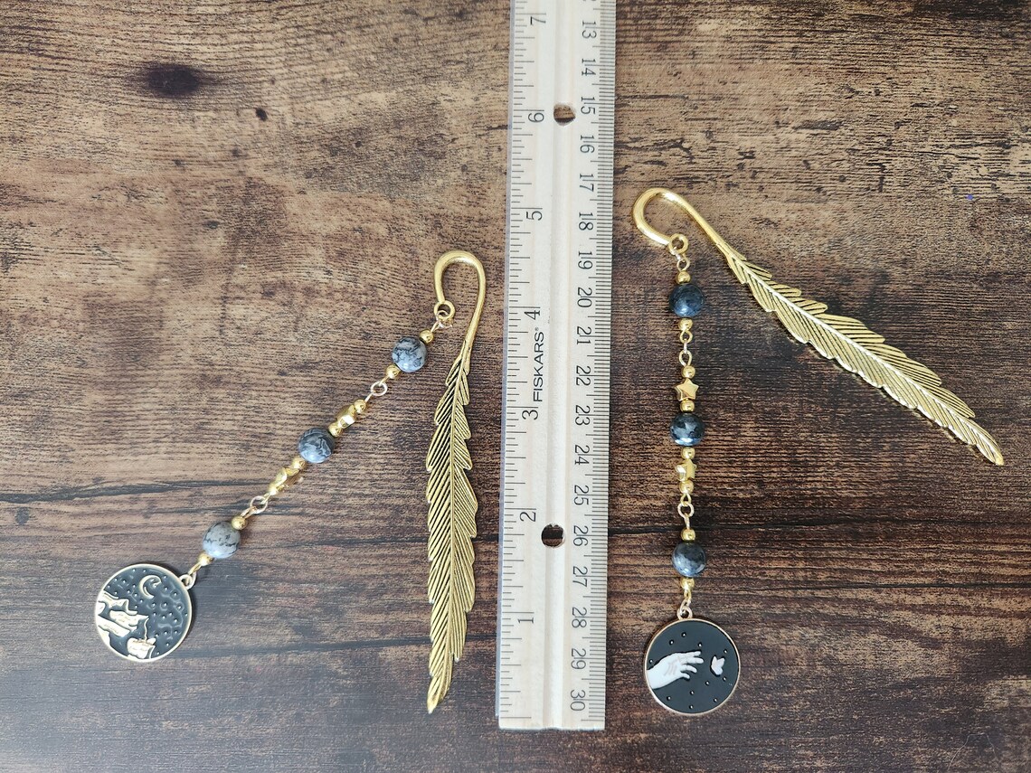 Dark Starry Sky Feather Hook Bookmarks With Natural Gemstones - Etsy