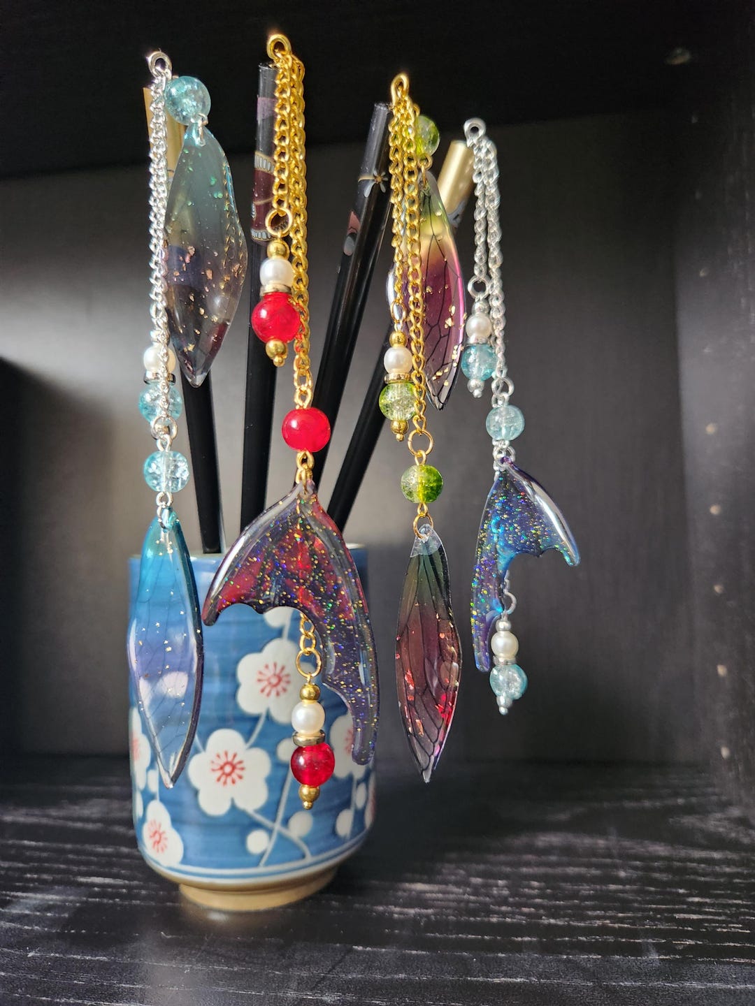 Pair of Fairy Wing and Bat Wing Hair Sticks - Whimsical, Gothic, and ...