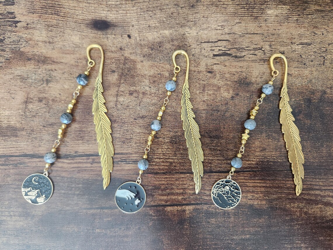 Dark Starry Sky Feather Hook Bookmarks With Natural Gemstones - Etsy