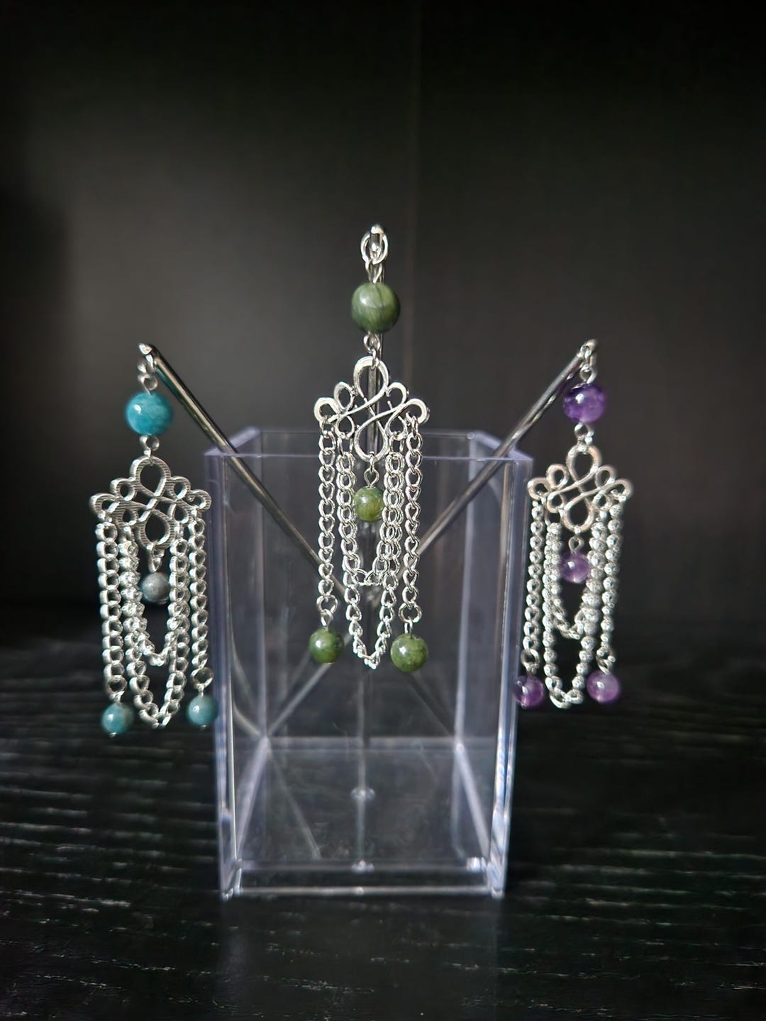 Gemstone Chain Hair Stick - Hairpin With Gemstone Accents and Dangling ...