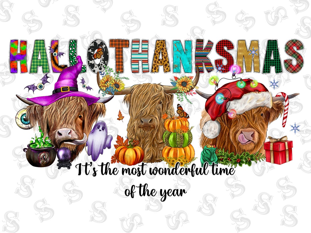 Happy Hallothanksmas Highland Cow Pngcow Clipart Fall PNG - Etsy