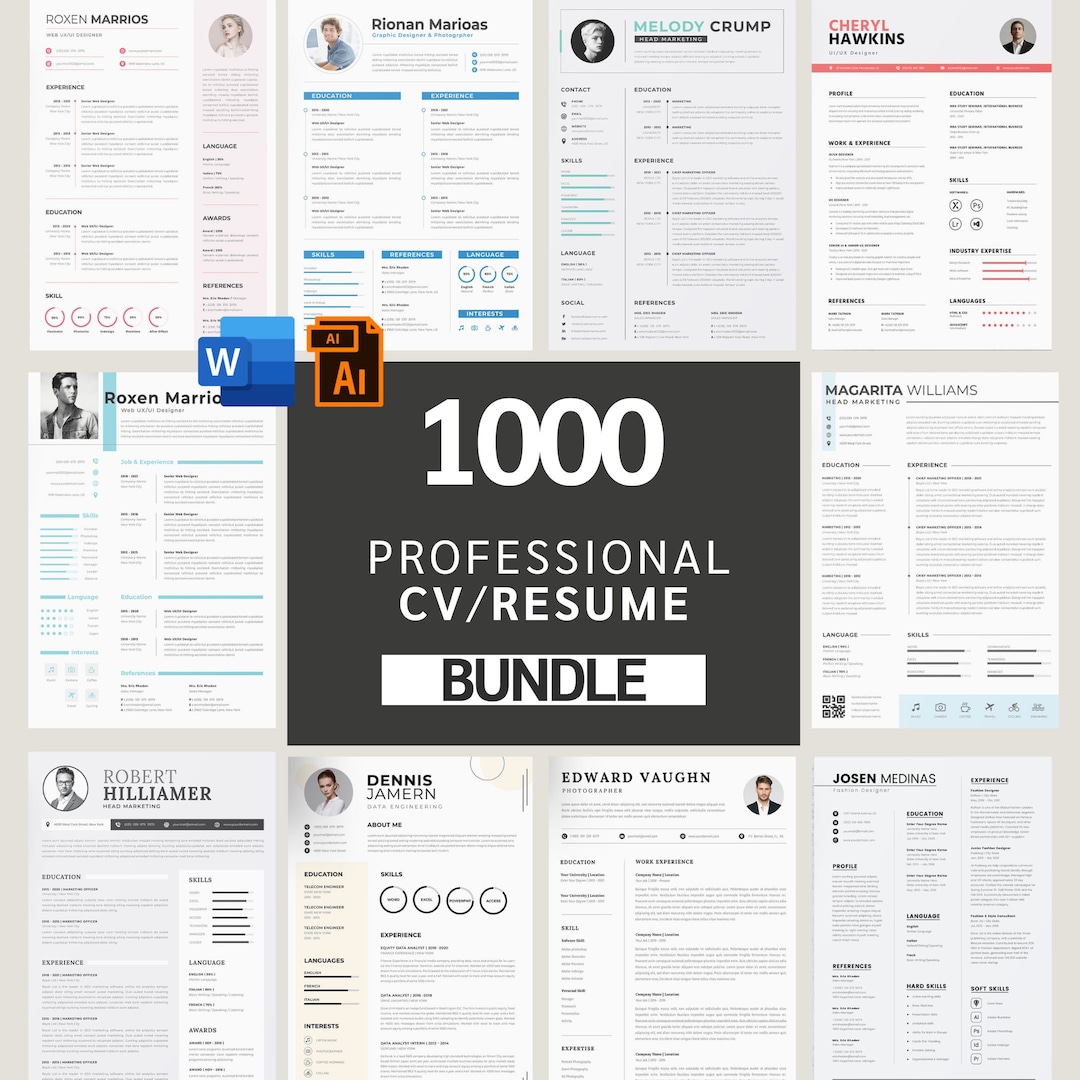 1000 Resume Templates Bundle | Modern CV Designs (MS Word & Illustrator ...