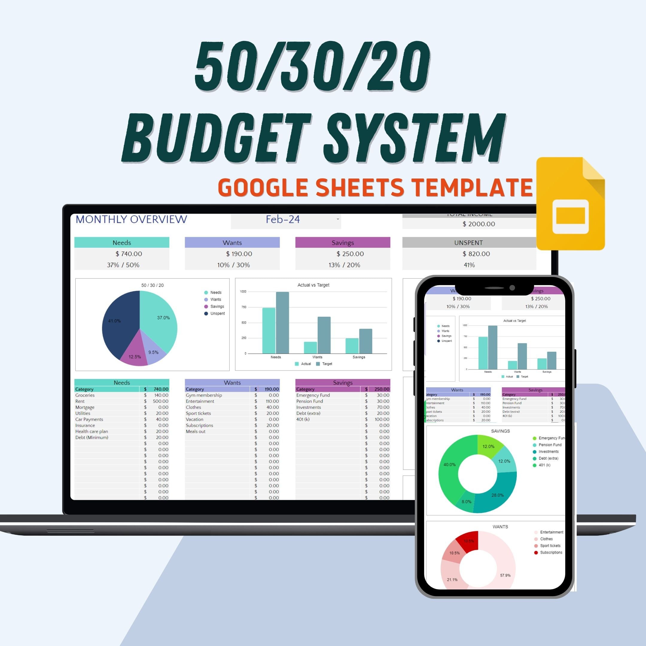 50/30/20 Budget Spreadsheet | Budget Planner | Expense Tracker | Google ...
