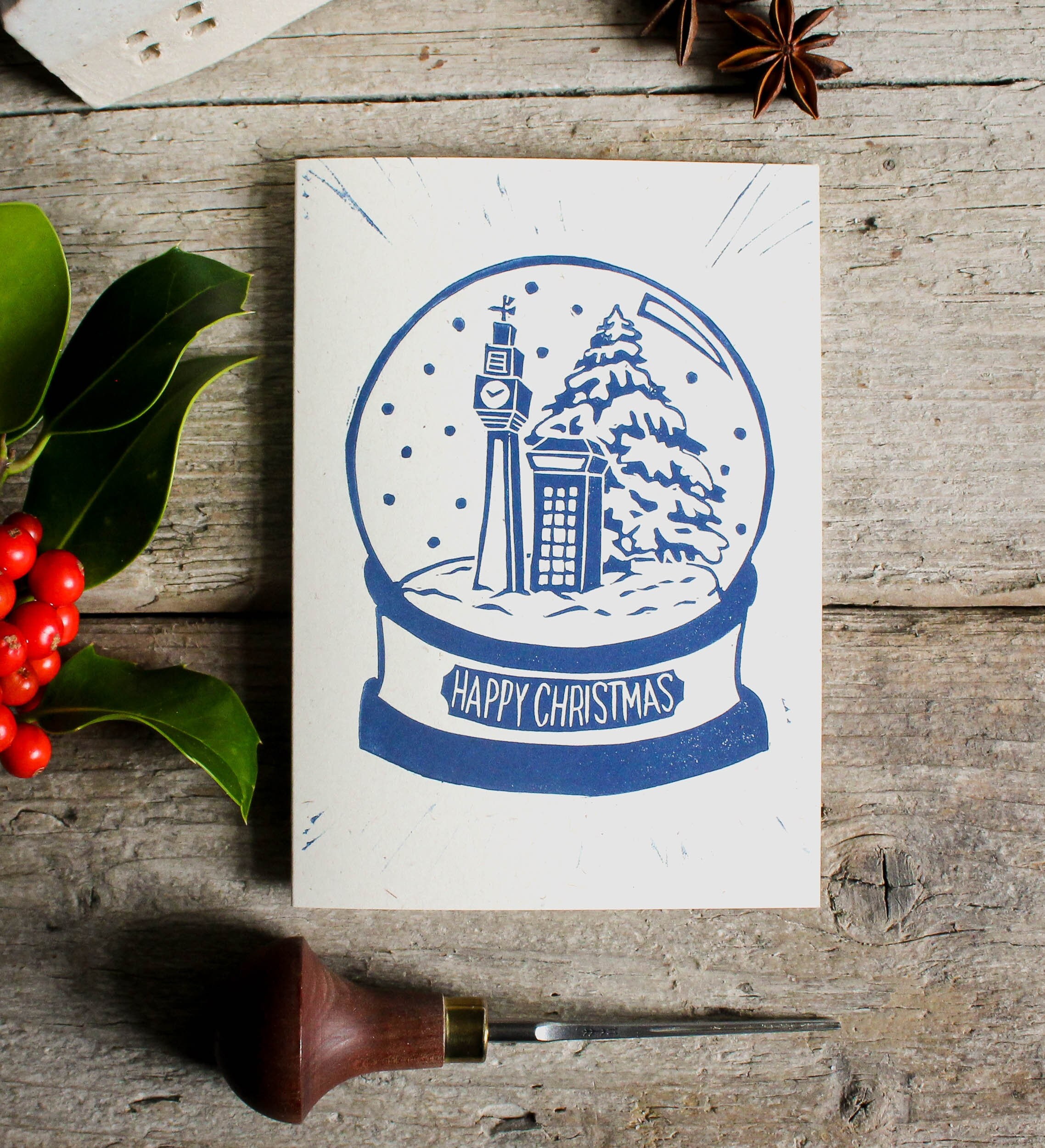 Linocut Christmas Snow Globe Card Lino Printed Globe With - Etsy