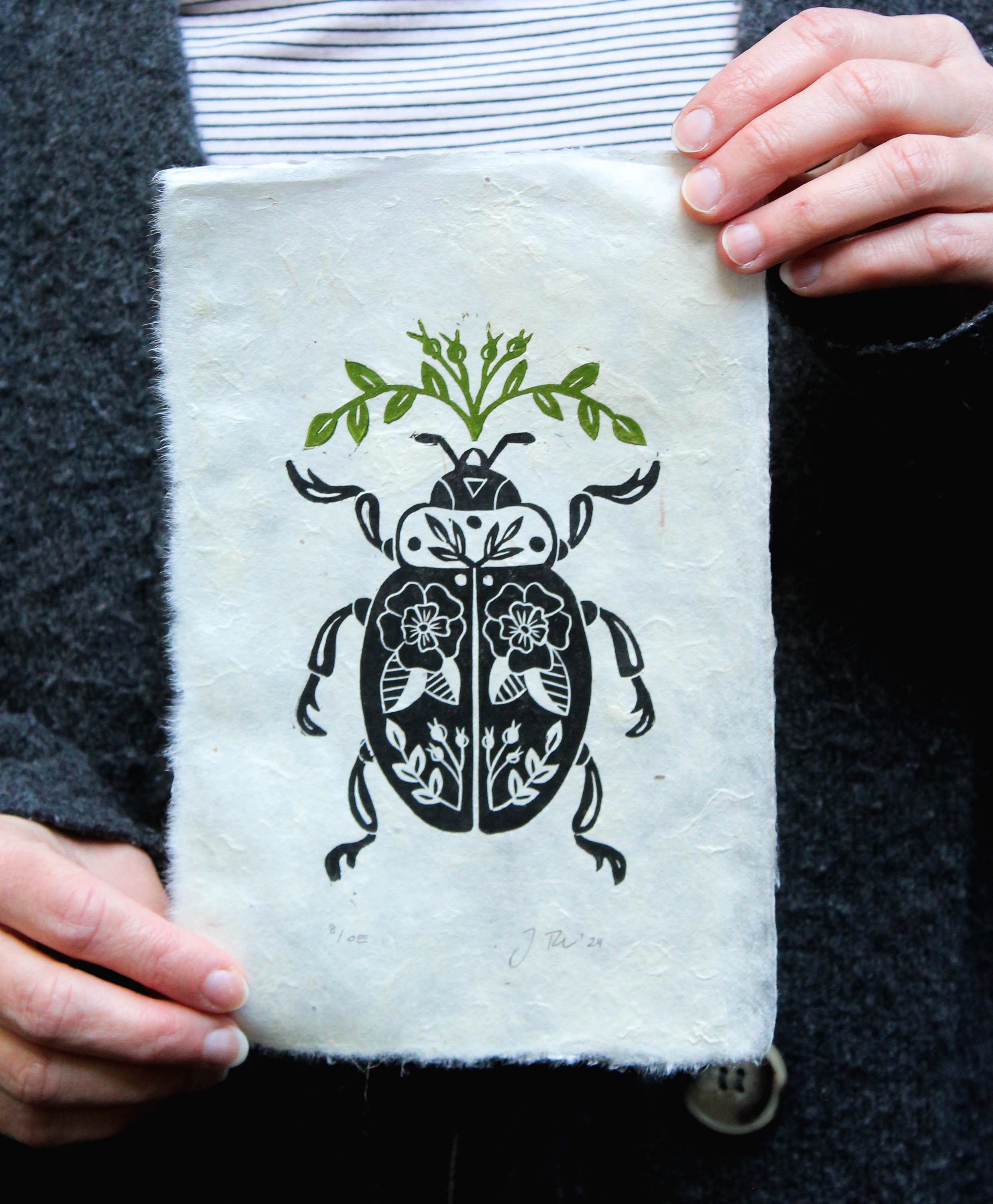 Beetle Linocut Print | Original Insect Lino Print | Beetle With Floral ...