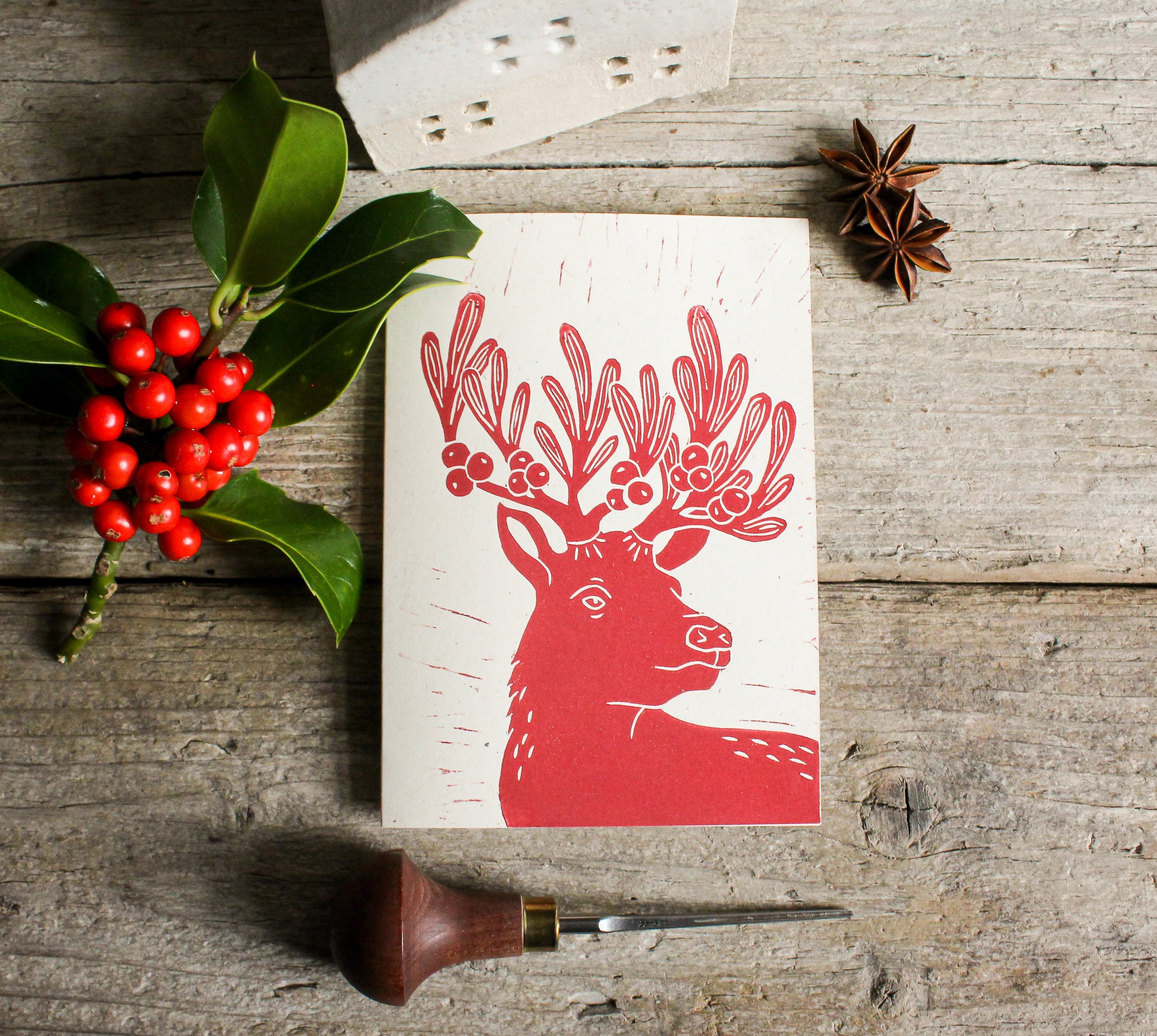 Linocut Deer Christmas Card Deer With Mistletoe Antlers - Etsy