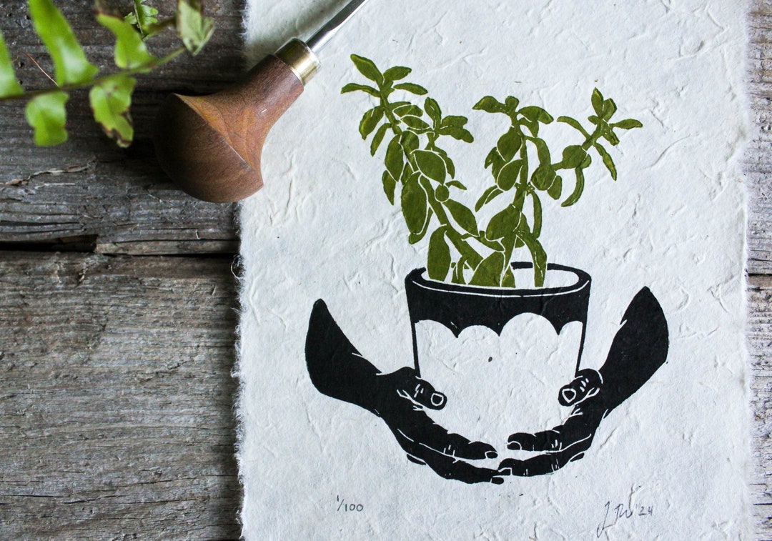 Succulent Plant in Pot Linocut Print Original House Plant Lino Print ...