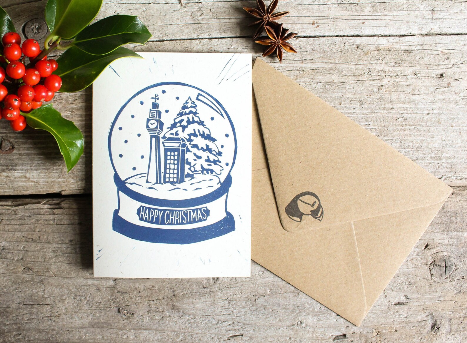 Linocut Christmas Snow Globe Card Lino Printed Globe With - Etsy