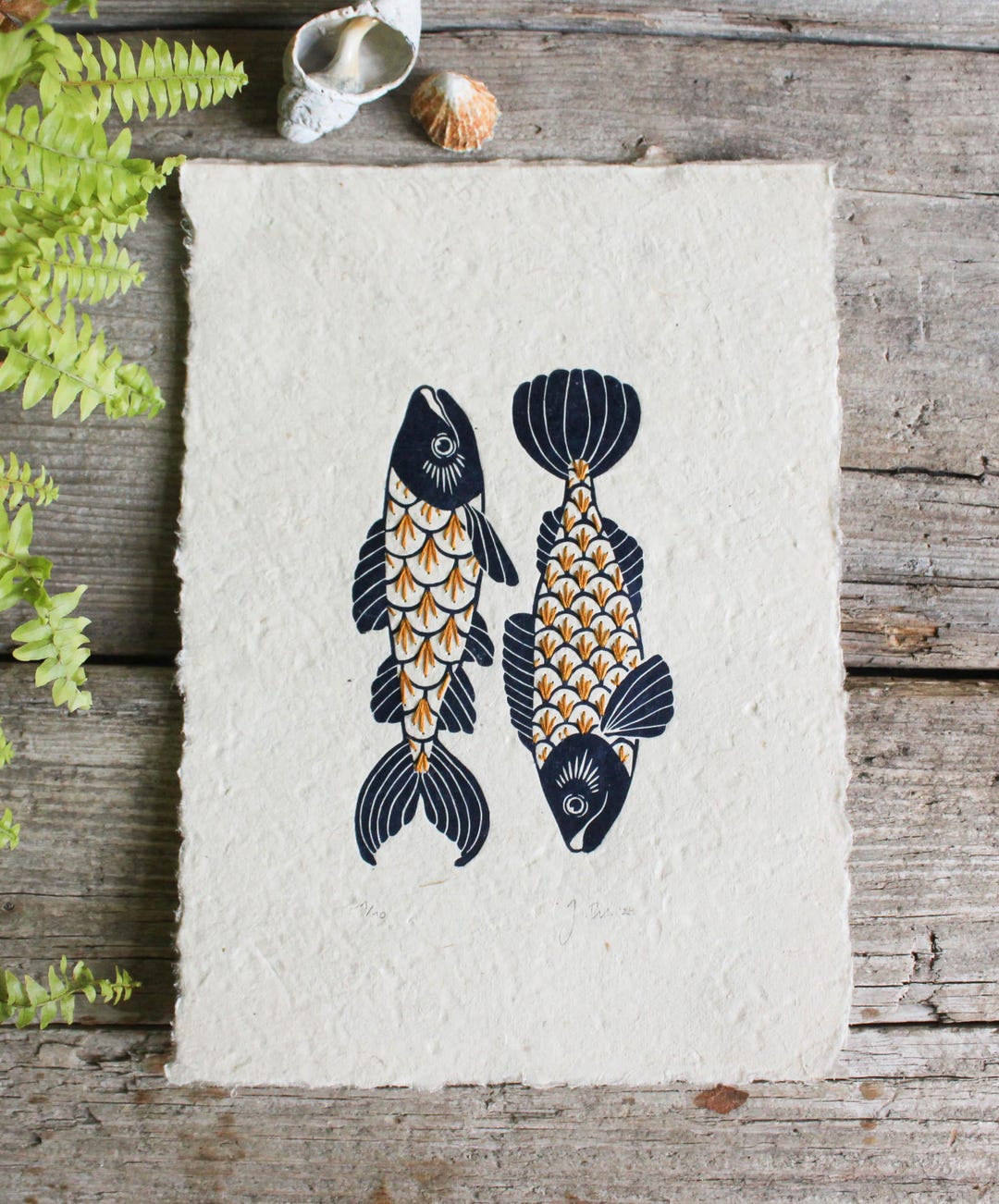 Two Fish Linocut Print With Embroidery | Handmade Stitched Sea Lino ...