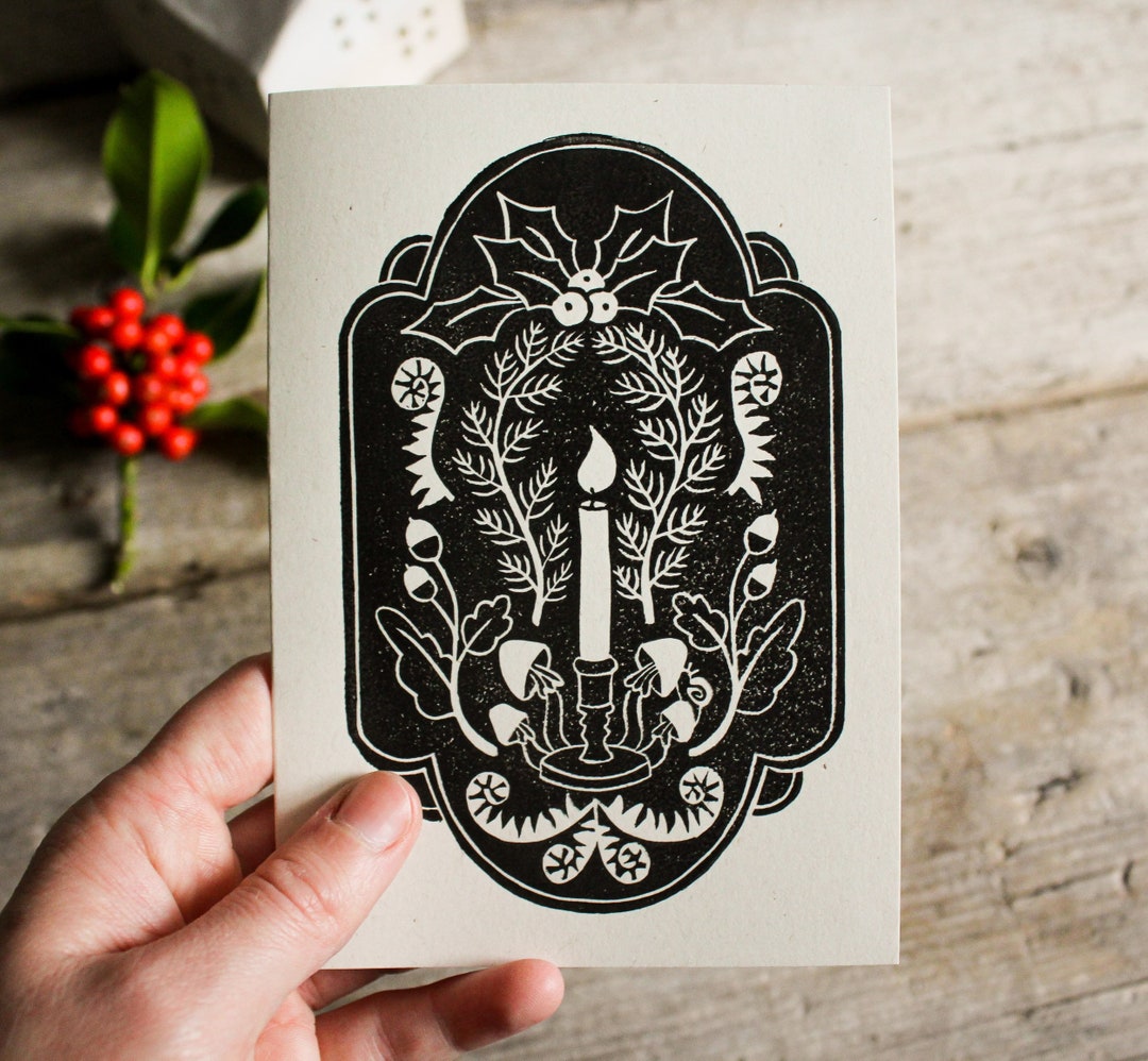 Linocut Christmas Forest Card Candle Black Lino Printed Mushroom and ...