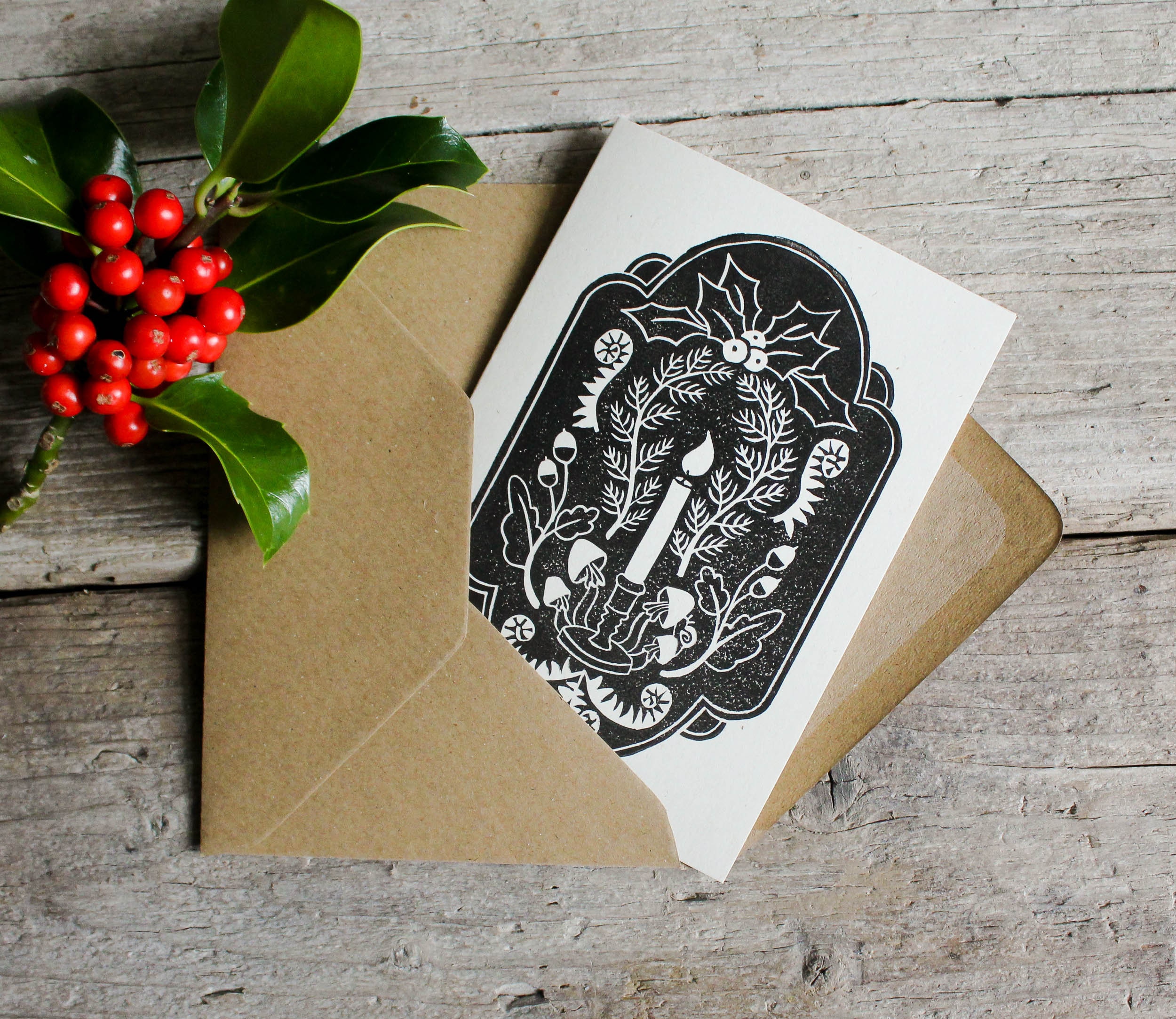 Linocut Christmas Forest Card Candle Black Lino Printed Mushroom and ...