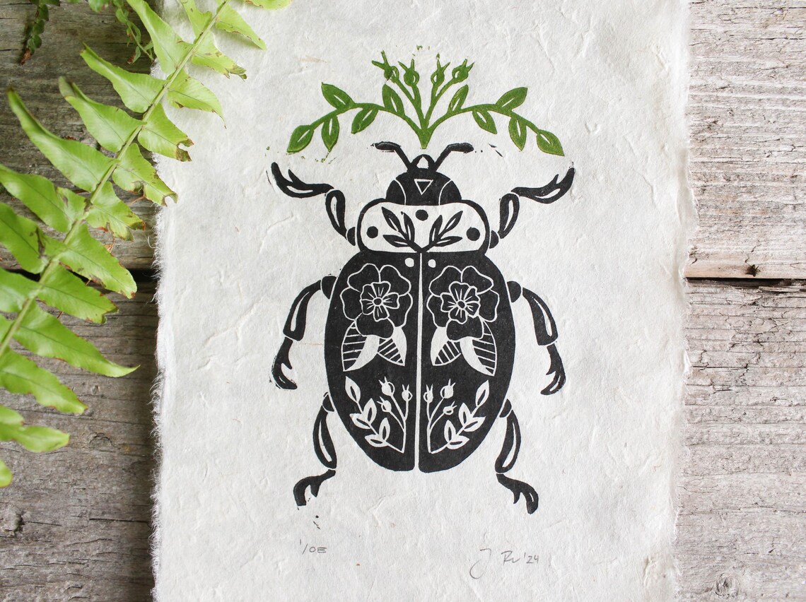 Beetle Linocut Print | Original Insect Lino Print | Beetle With Floral ...