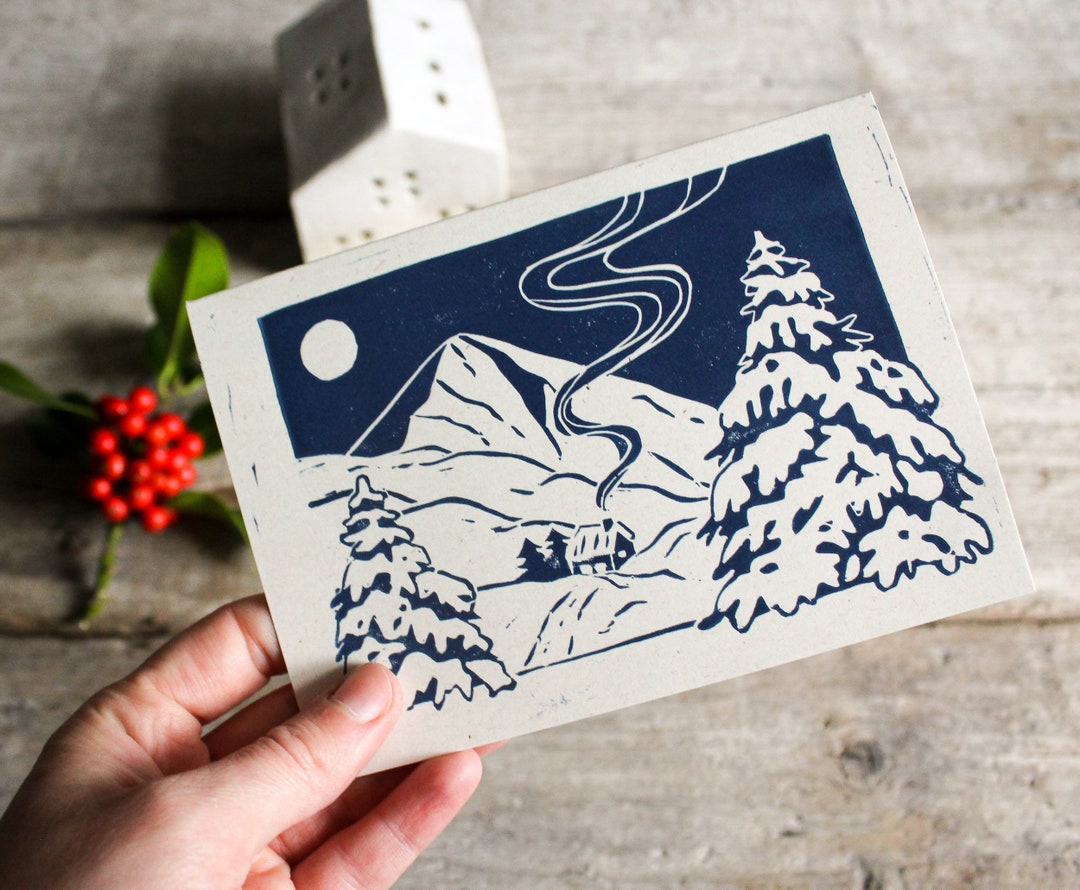 Linocut Winter Landscape Card | Original Lino Printed Christmas Card ...