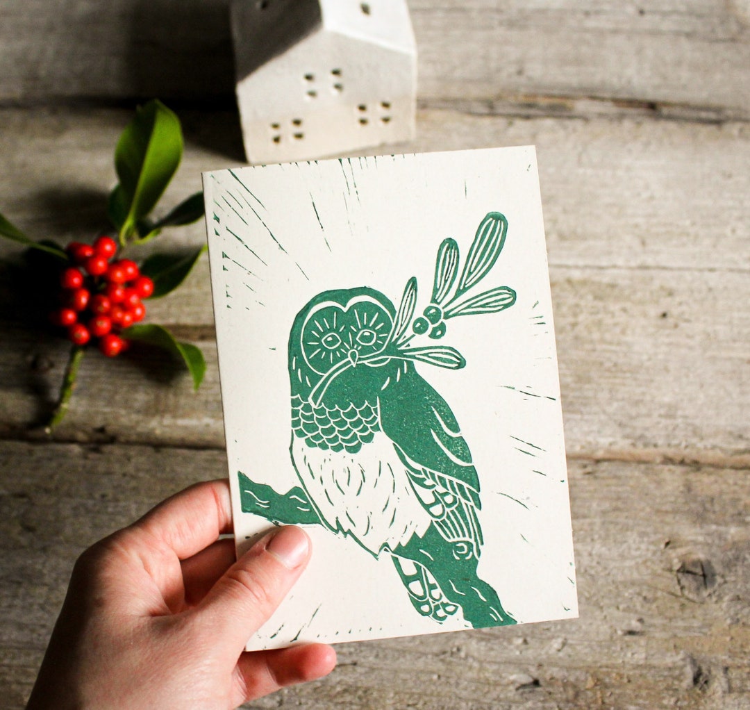 Linocut Christmas Owl Card Lino Printed Owl With Mistletoe - Etsy