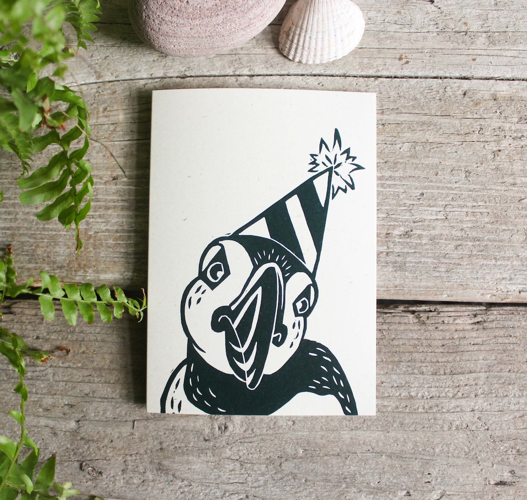 Party Puffin Birthday Card | Digital Linocut Print | Celebration ...