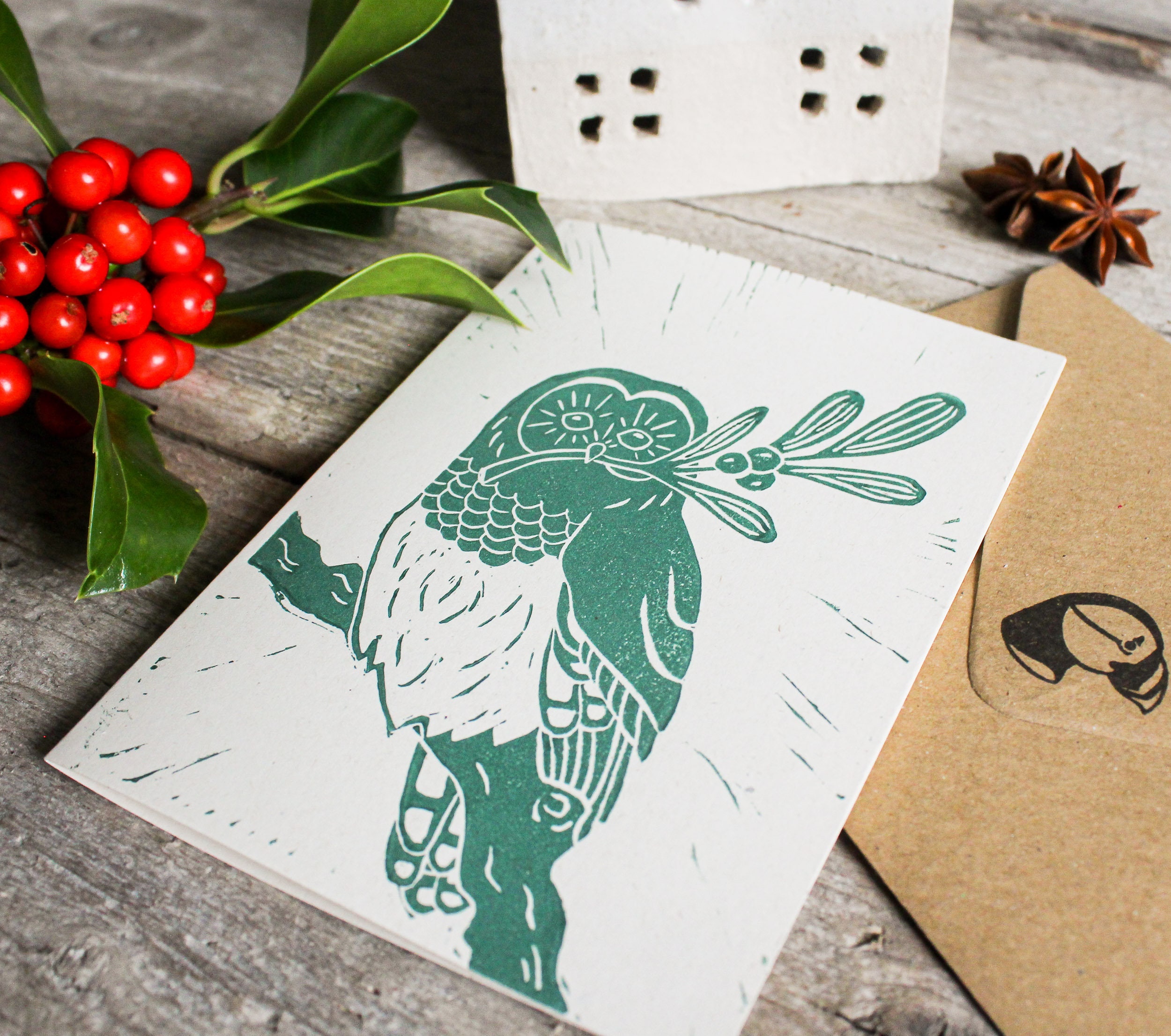 Linocut Christmas Owl Card Lino Printed Owl With Mistletoe - Etsy