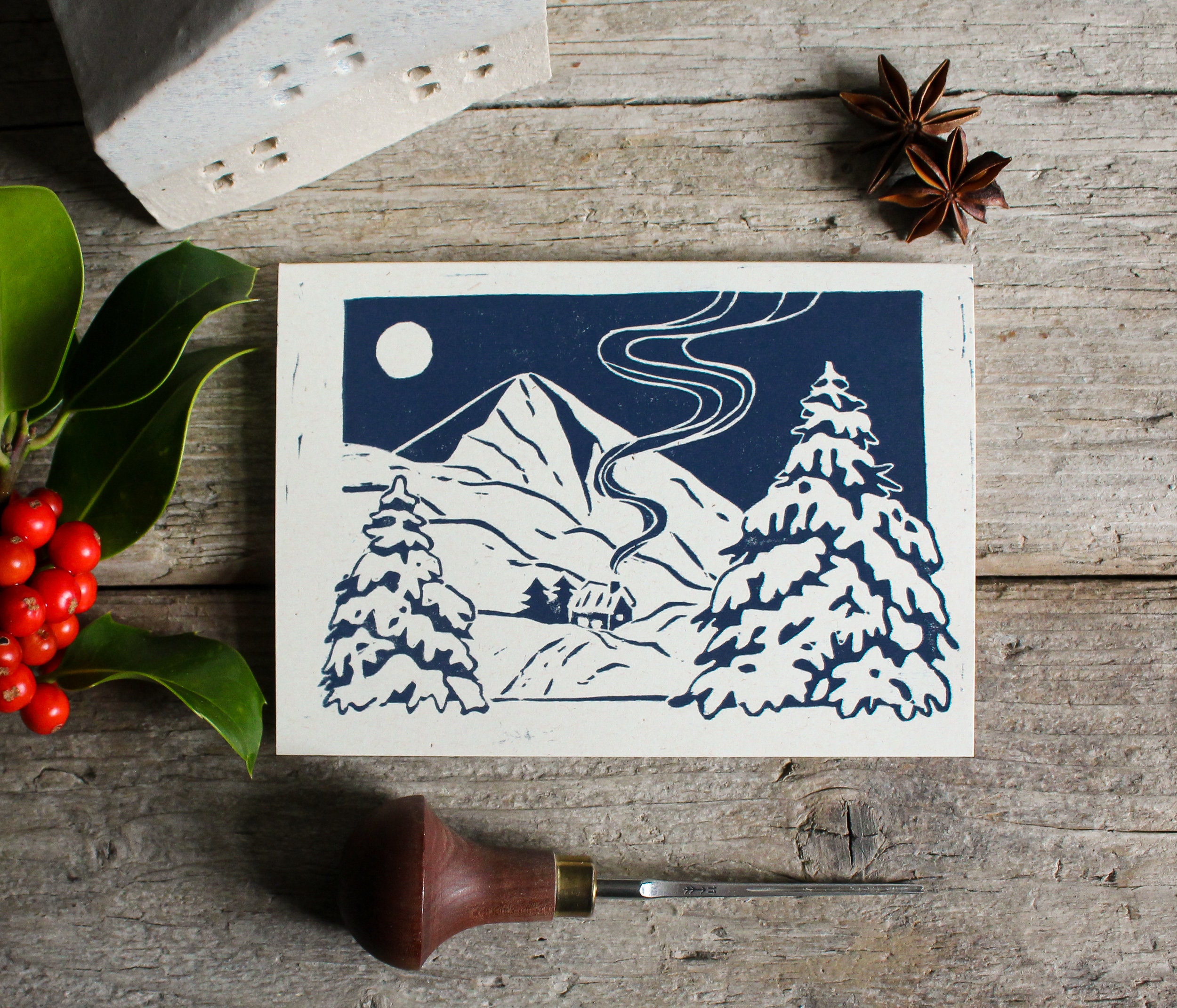 Linocut Winter Landscape Card | Original Lino Printed Christmas Card ...