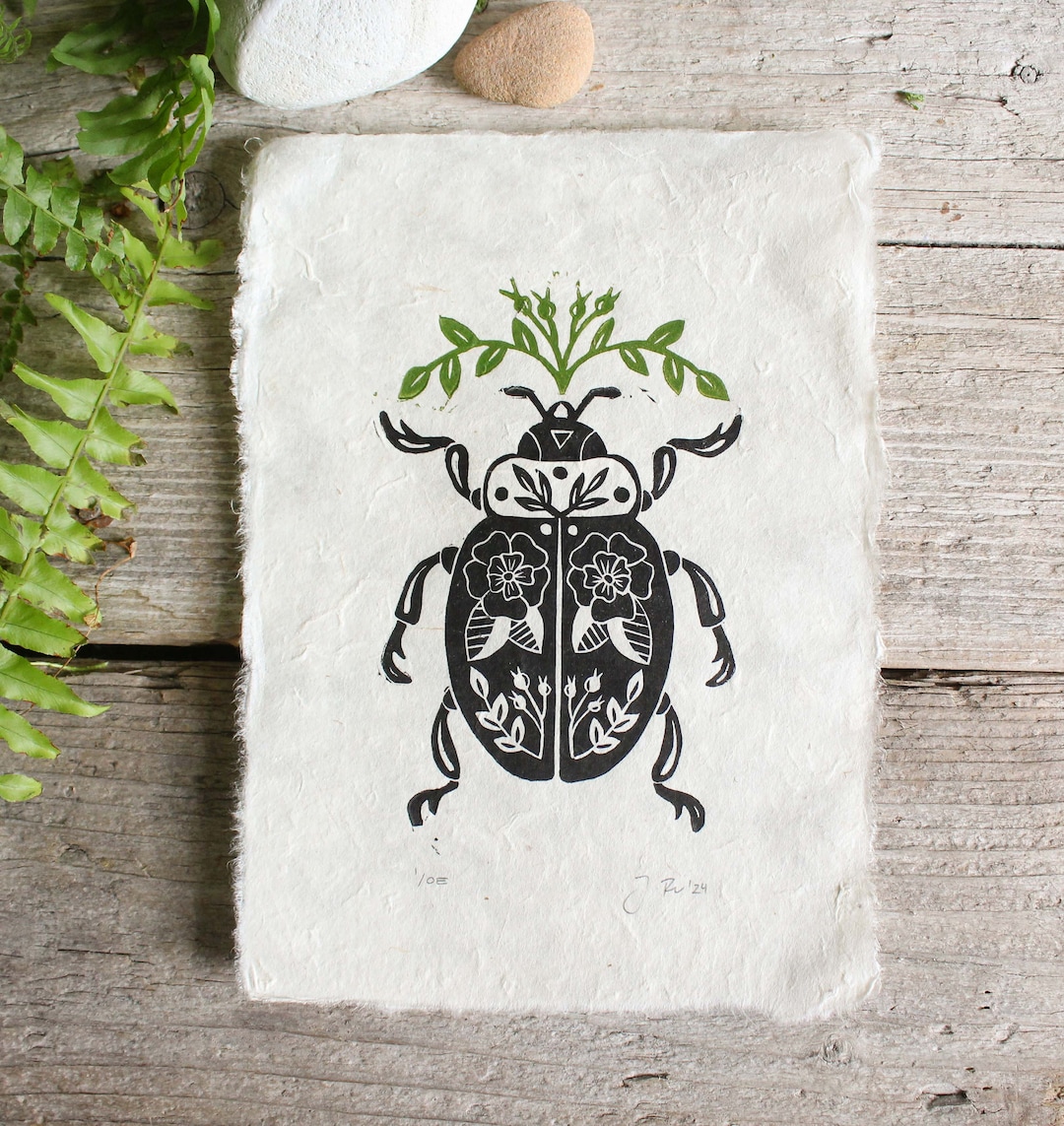 Beetle Linocut Print | Original Insect Lino Print | Beetle With Floral ...