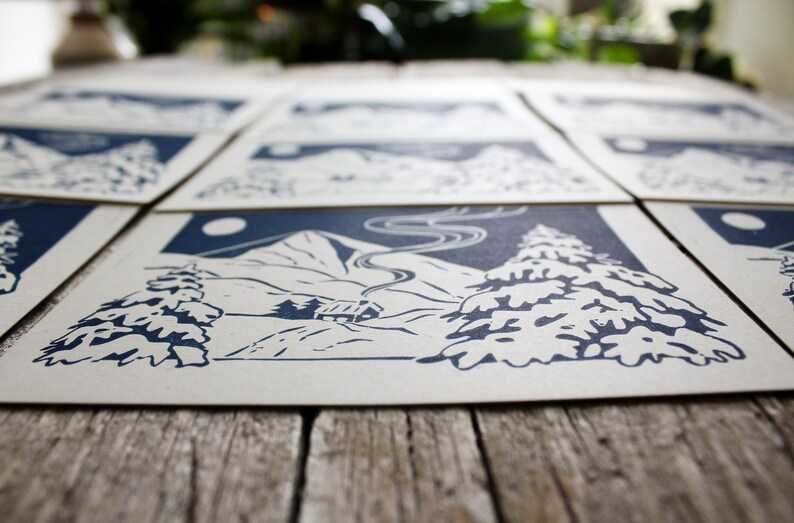 Linocut Winter Landscape Card | Original Lino Printed Christmas Card ...