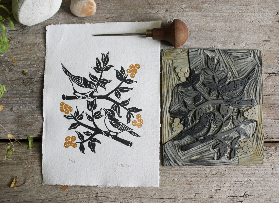 Two Birds Linocut Print | Original Lino Print of Two Birds Sitting on ...