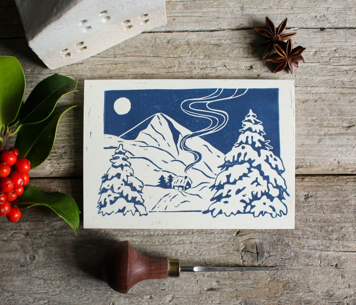 Linocut Winter Landscape Card Original Lino Printed - Etsy