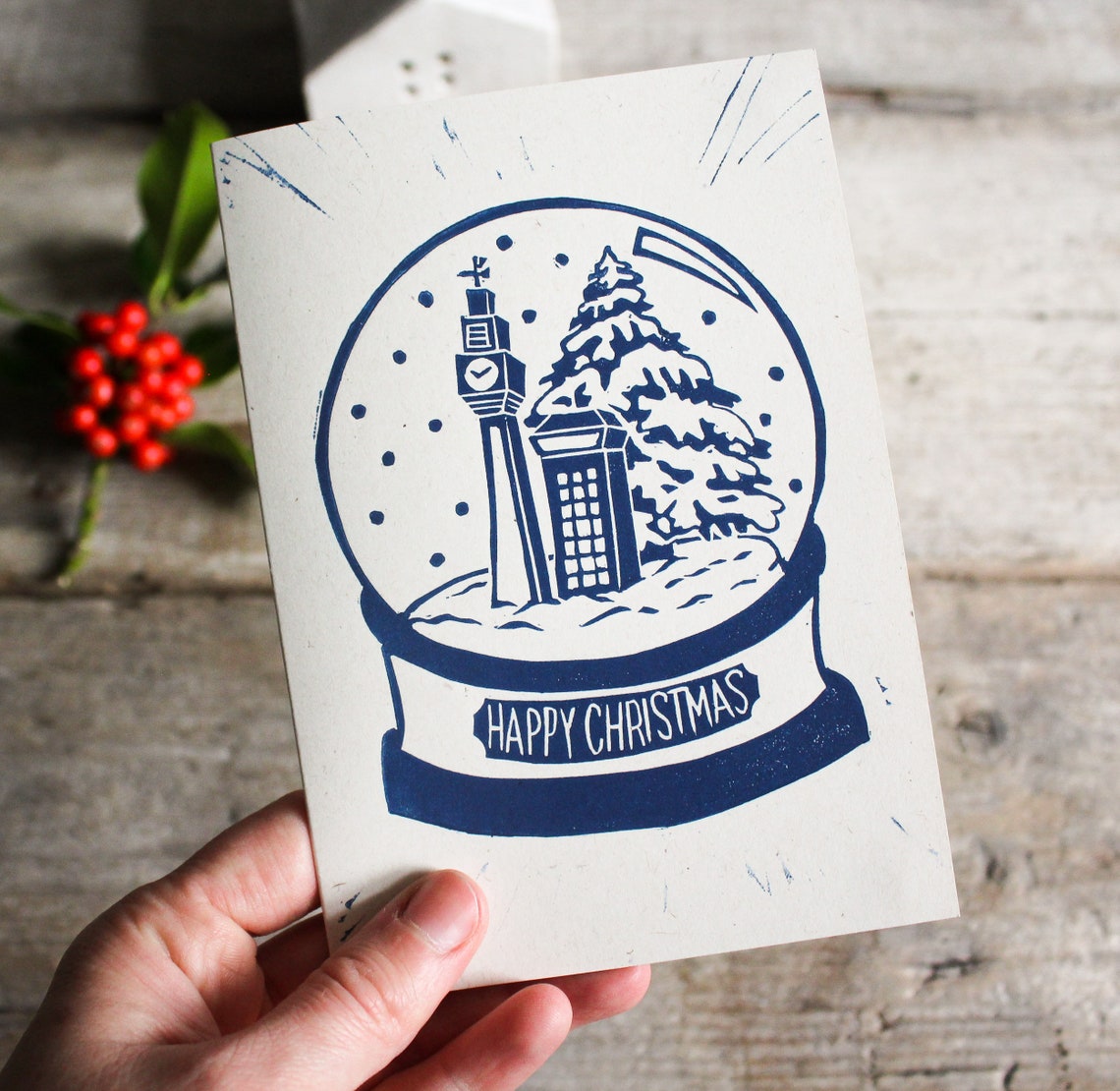 Linocut Christmas Snow Globe Card Lino Printed Globe With - Etsy