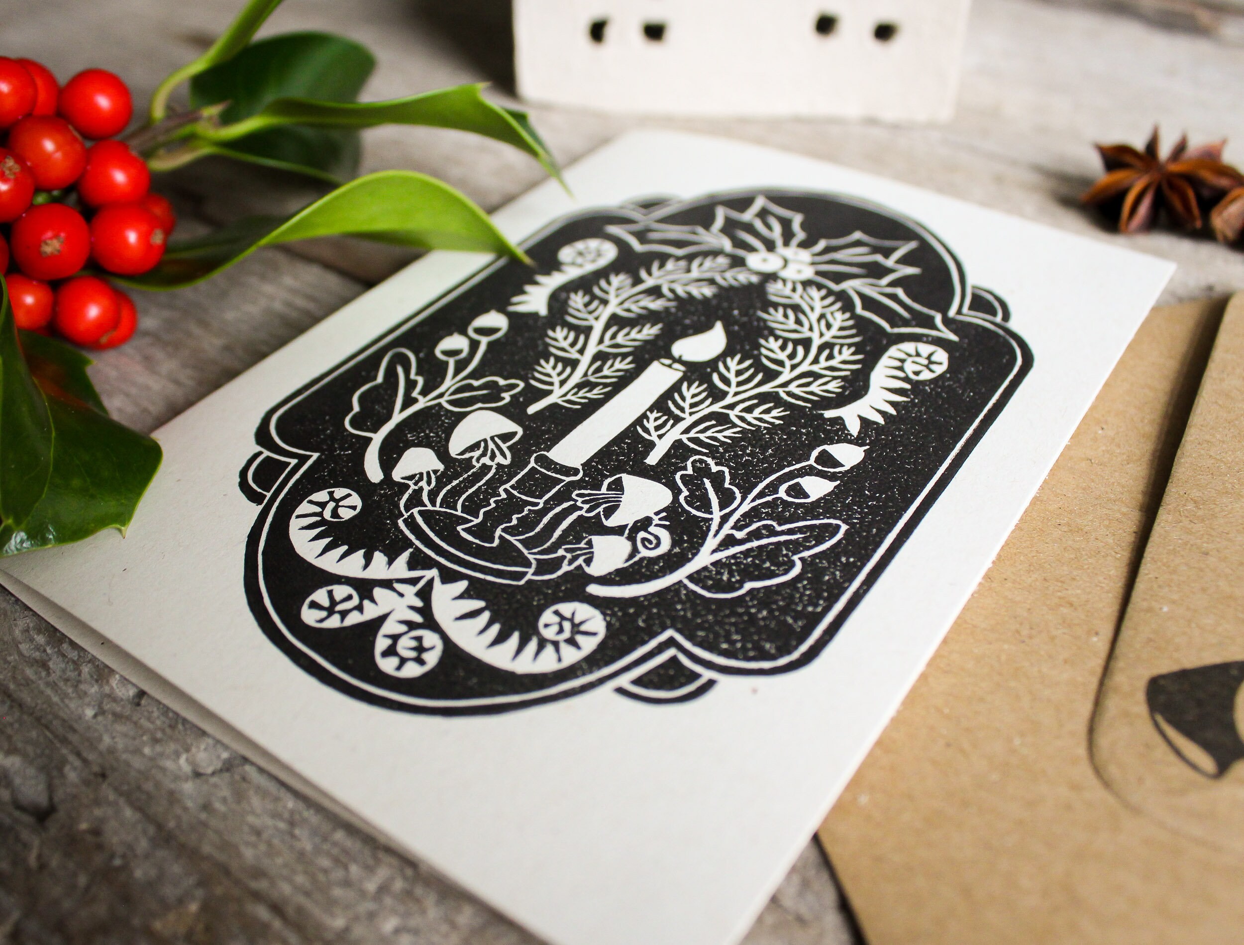 Linocut Christmas Forest Card Candle Black Lino Printed Mushroom and ...