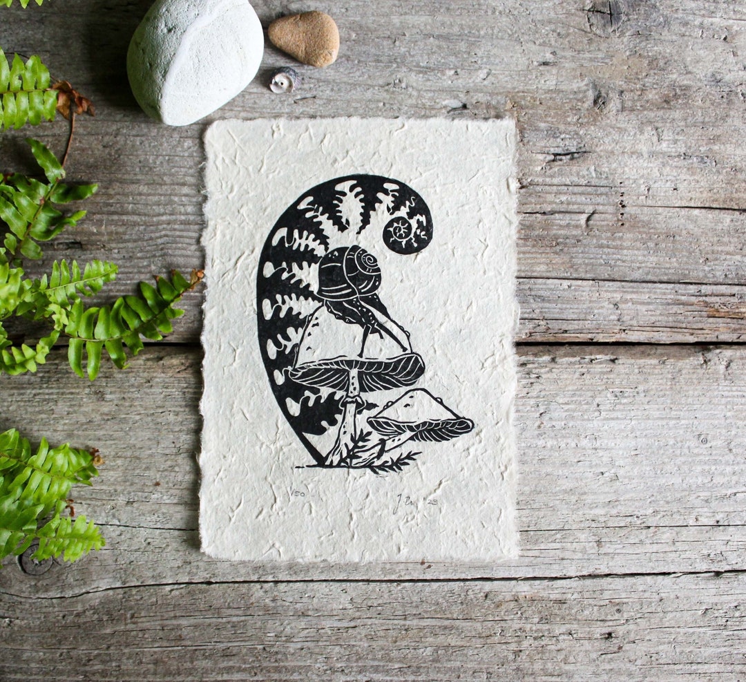 Original Lino Print - Mushroom, Snail, Fern | Limited Edition A5 Print ...