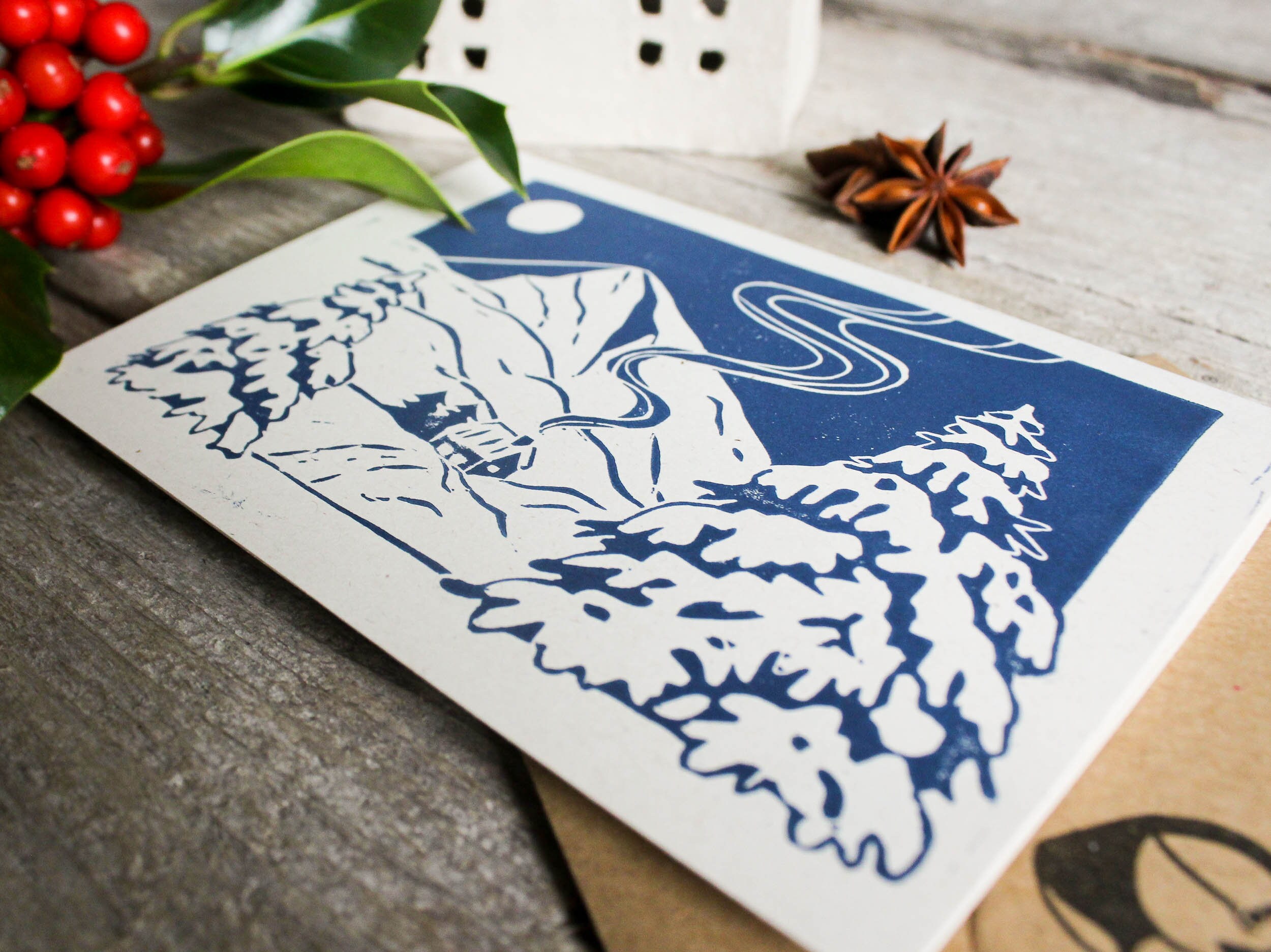 Linocut Winter Landscape Card | Original Lino Printed Christmas Card ...