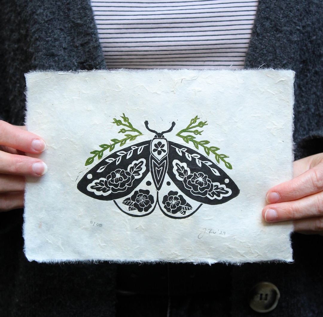 Original Moth Linocut | Two Coloured Insect Lino Print | Butterfly With ...
