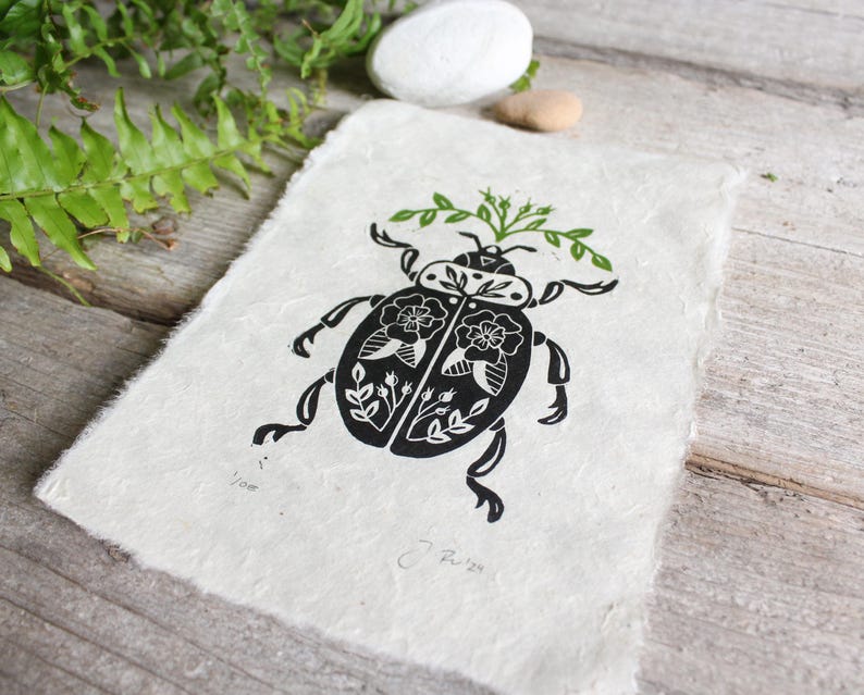 Beetle Linocut Print | Original Insect Lino Print | Beetle With Floral ...