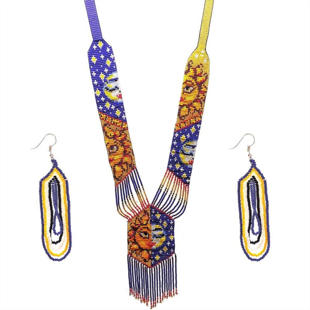 Boho Long Huichol Art Colorful Geometric Beadwork Tassel Necklace ...