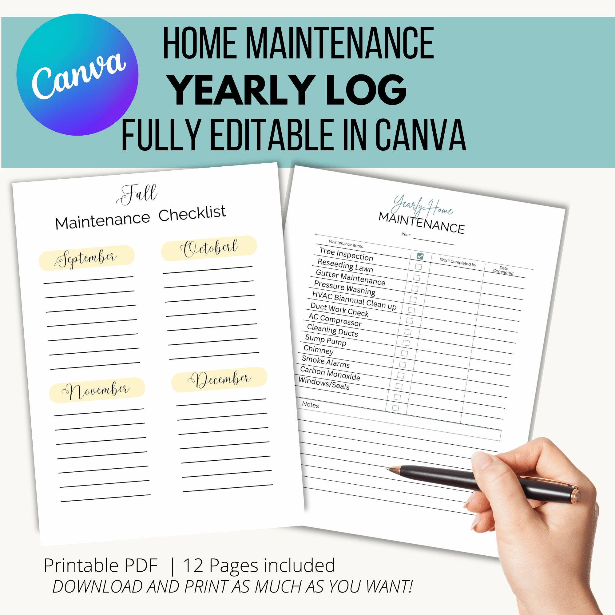 Home Maintenance Checklist, Maintenance Journal, Editable Design ...