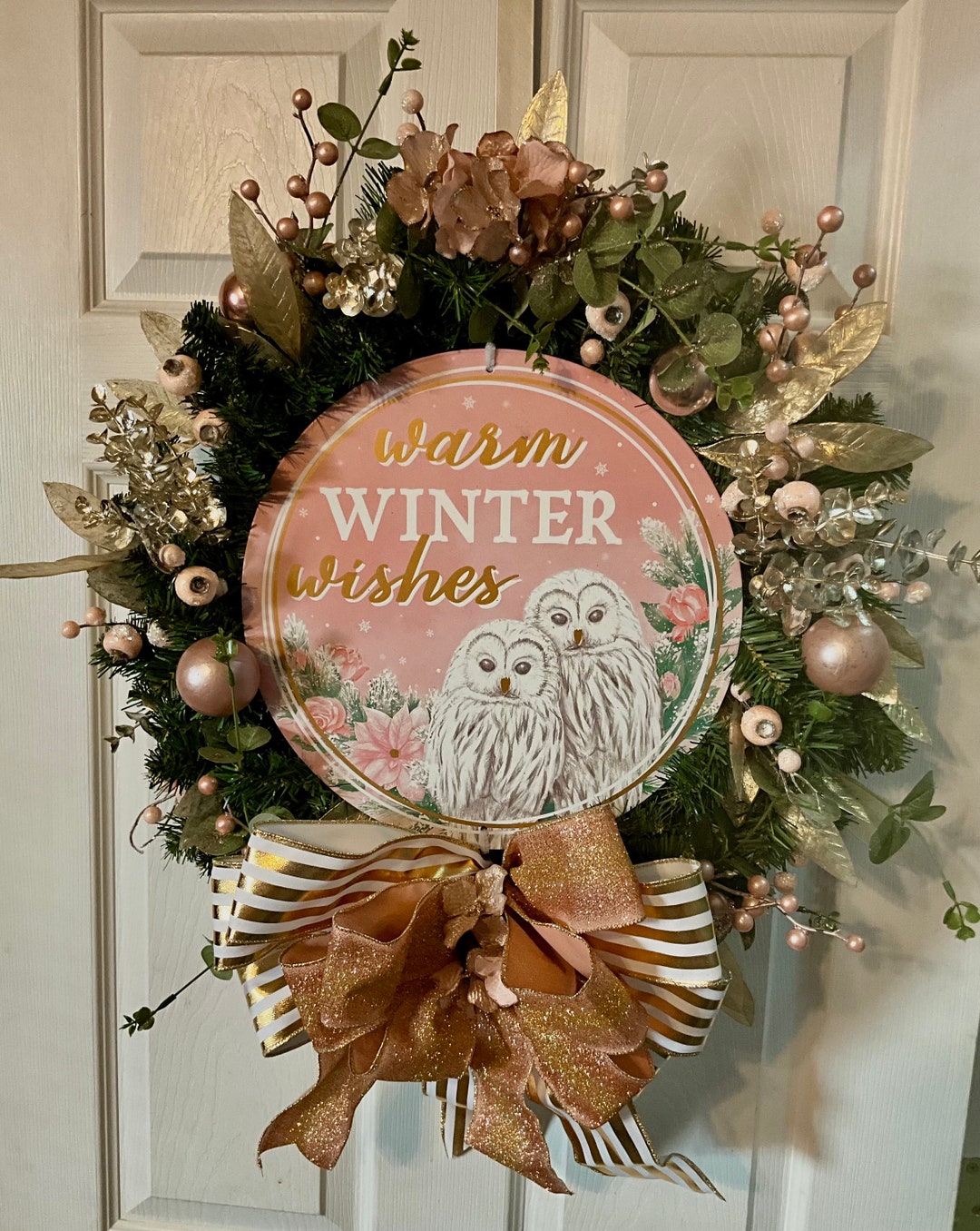 Warm Winter Wishes Wreath, Glam Owl Winter Wreath, Pink and Gold Winter ...