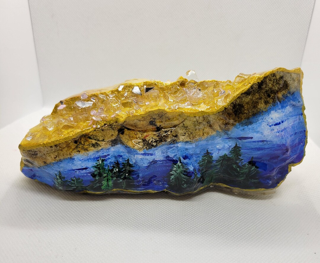 Hand Painted Forest Landscape on Natural Stone With Gold - Etsy
