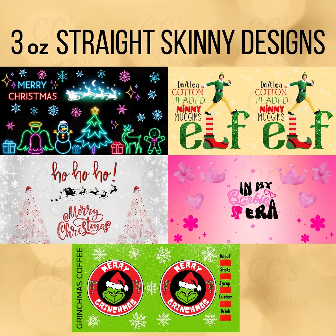3oz Straight Skinny Mini Shot Glass Designs, 3oz Christmas Wraps, Mini ...