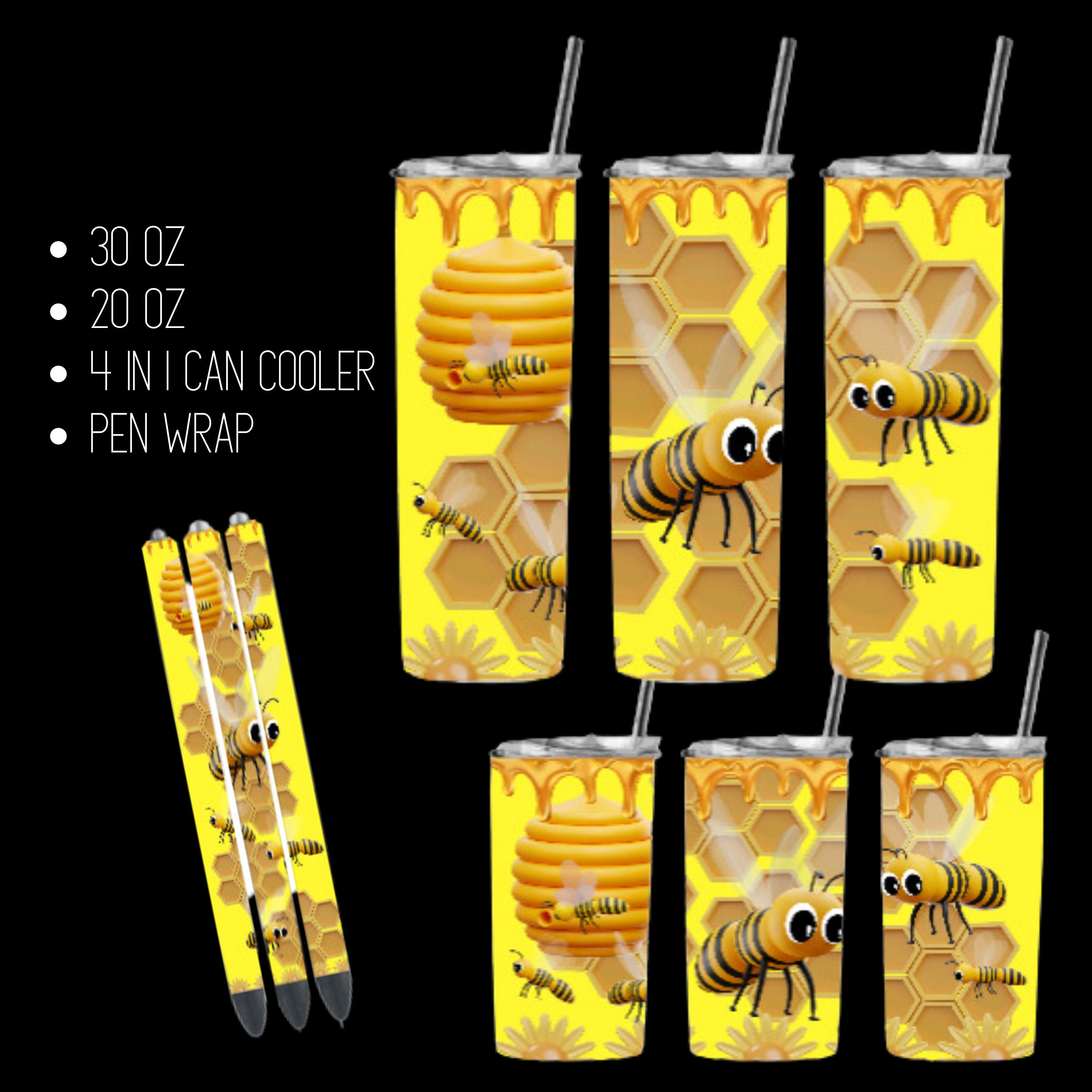 3D Bee Tumbler Wraps, 3D Bee Pen Wrap, 4 in 1 Can Cooler Bee Wrap ...