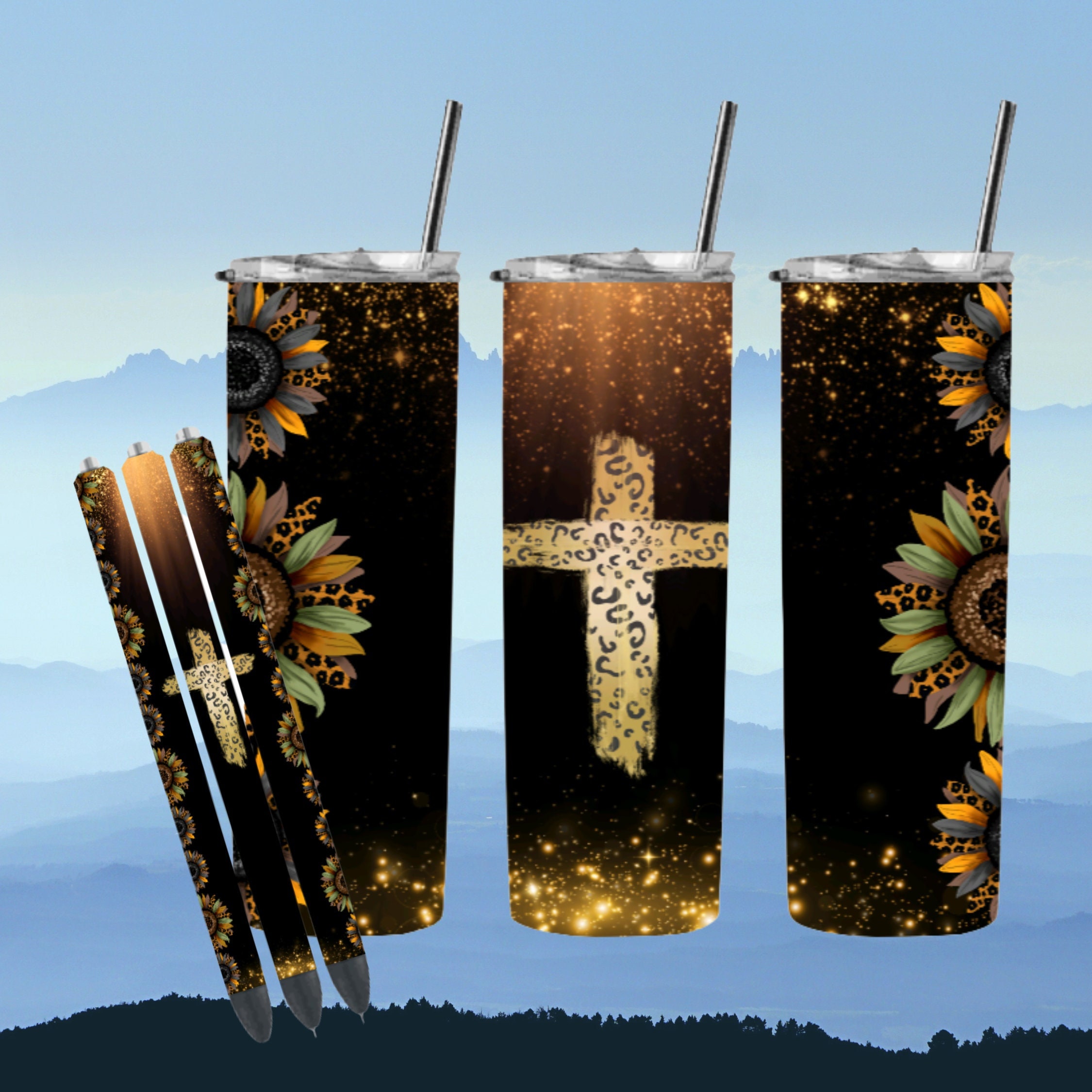 Seamless Leopard Cross Tumbler & Pen Wraps, Sunflower Christian Tumbler ...