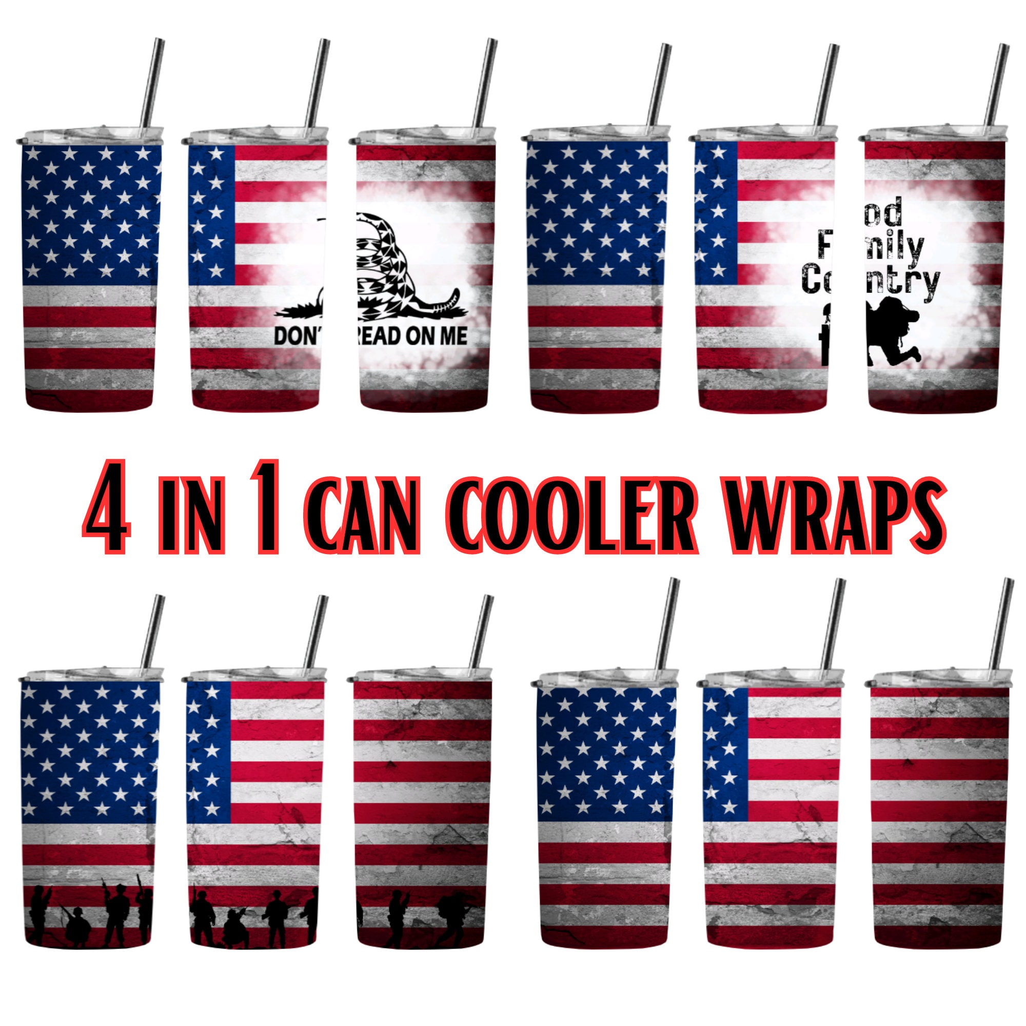 4 in 1 Can Cooler Patriotic Tumbler Wraps, God Family Country Tumbler ...