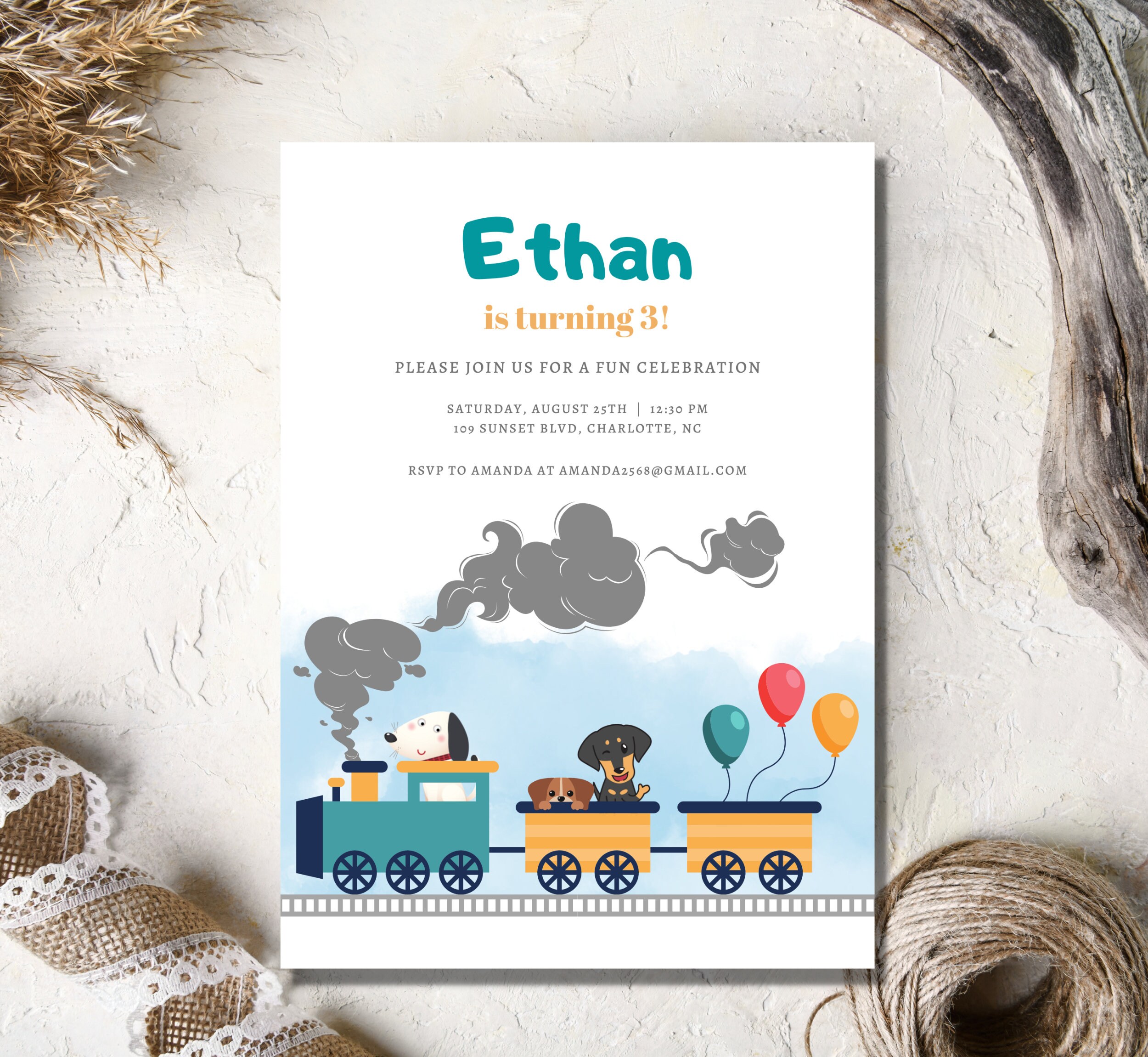 Train Birthday Invitation, Dog Bday Invite, Boy Girl Train Bday ...
